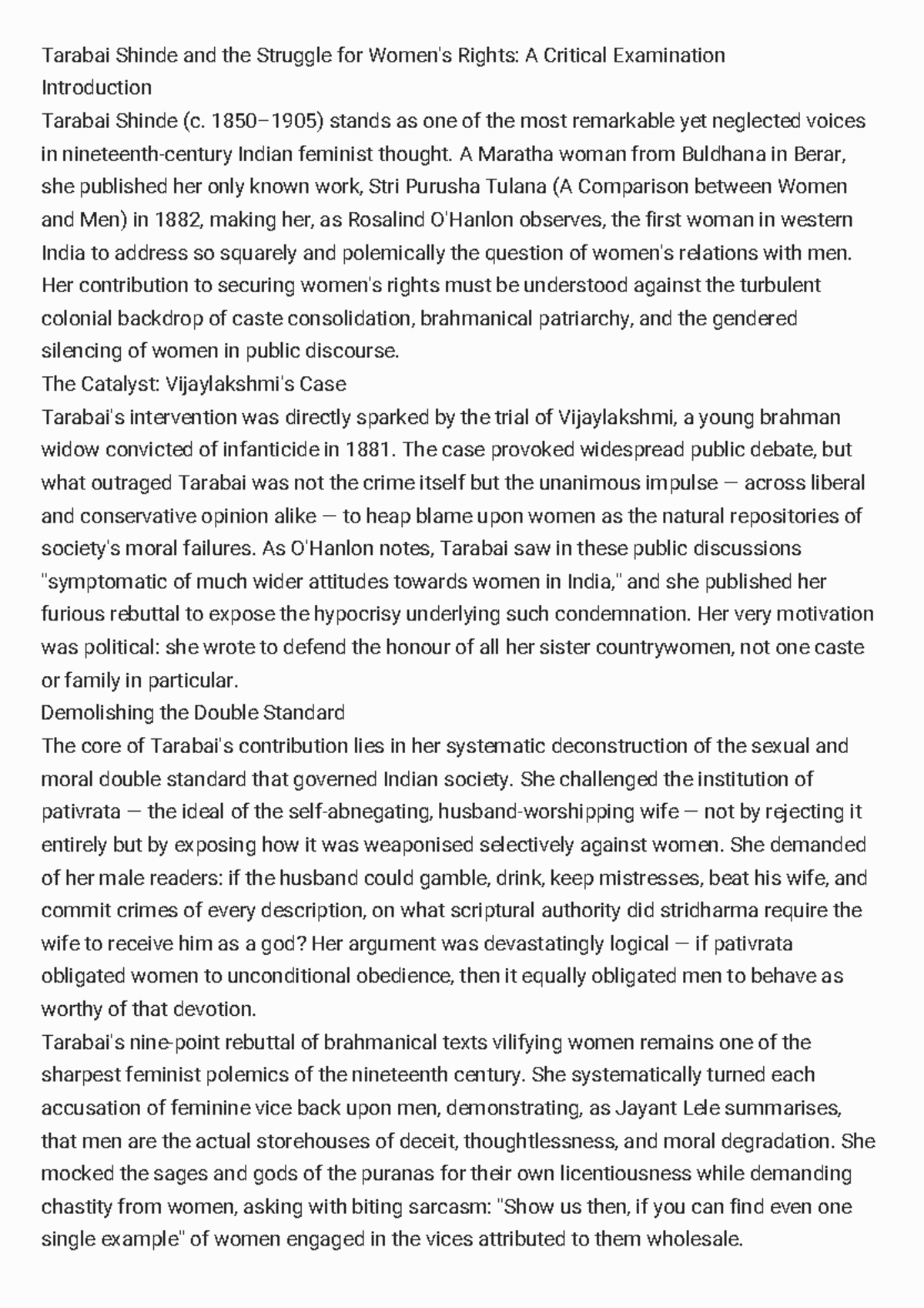Tarabai Shinde: Feminist Thought & Rights Struggle (260609) - Studocu