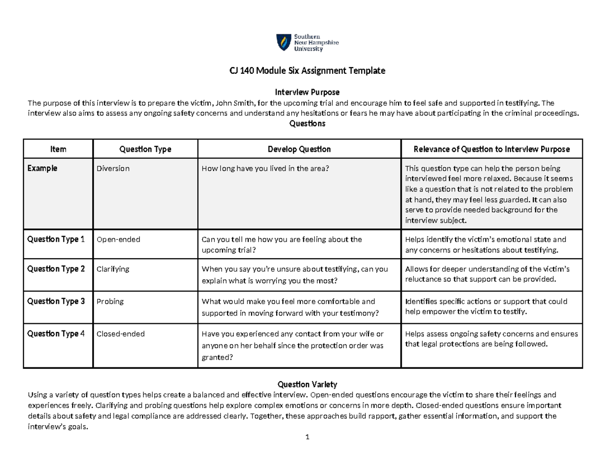 CJ 140 Module 6 Assignment: Interview Preparation for Victim Support ...