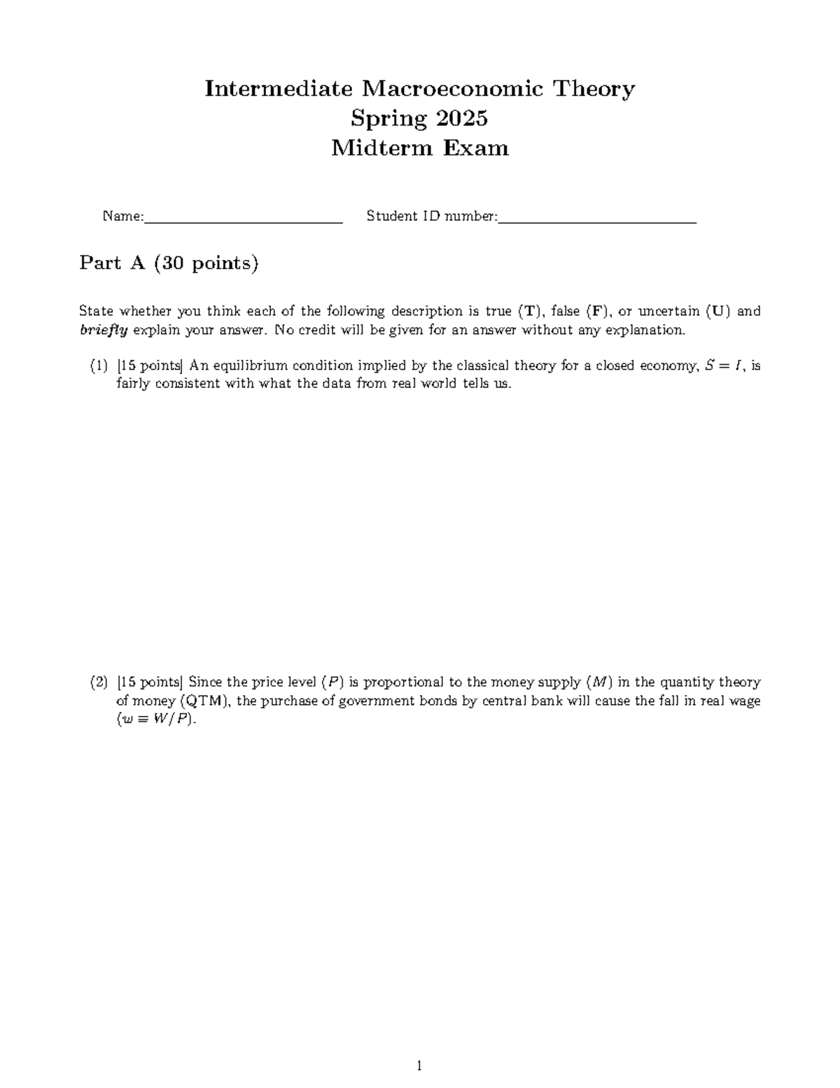 Intermediate Macroeconomic Theory (ECO 301) Spring 2025 Midterm Exam ...