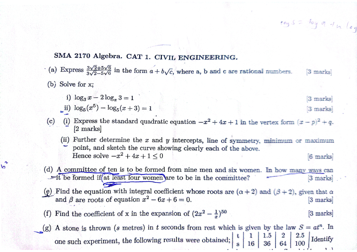Cat 1 - Cat setting - SMA 2170 Algebra. CAT 1. CIVIL ENGINEERING. (a) Express in the form a bVc ...
