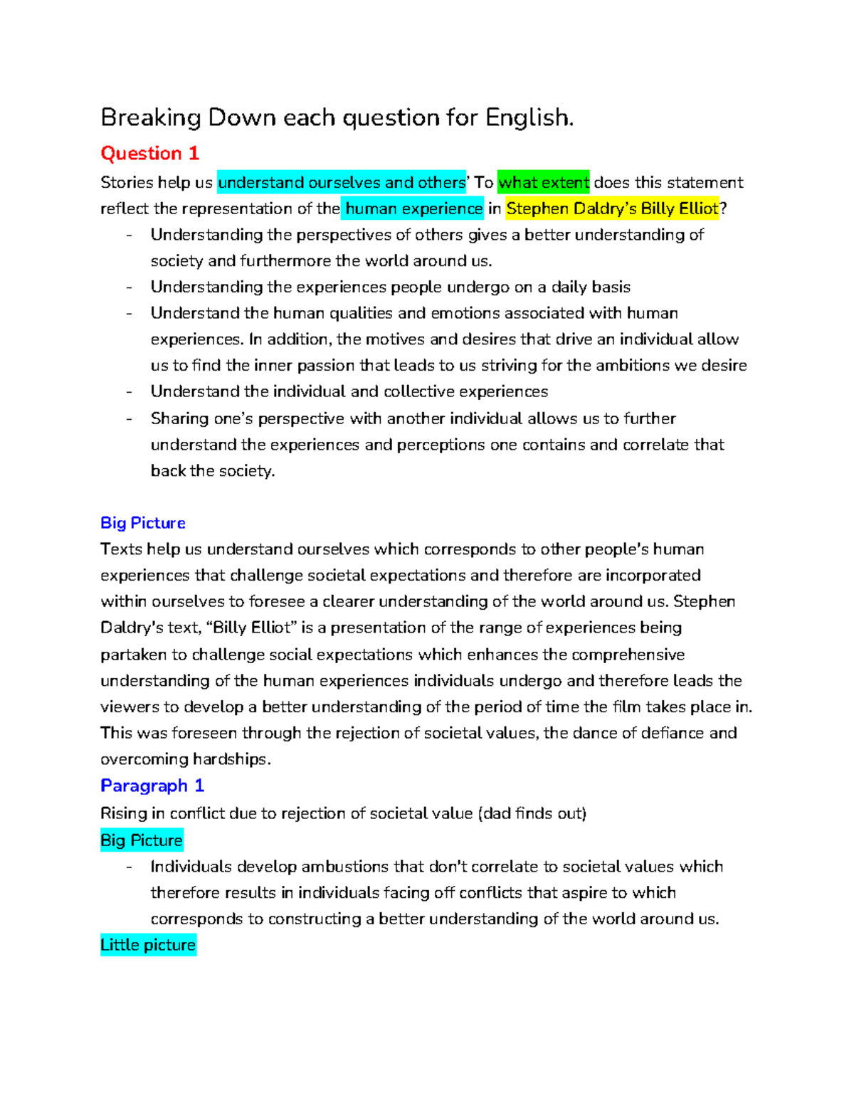 Billy Elliot Extended Response: Understanding Human Experience (Band 6 ...