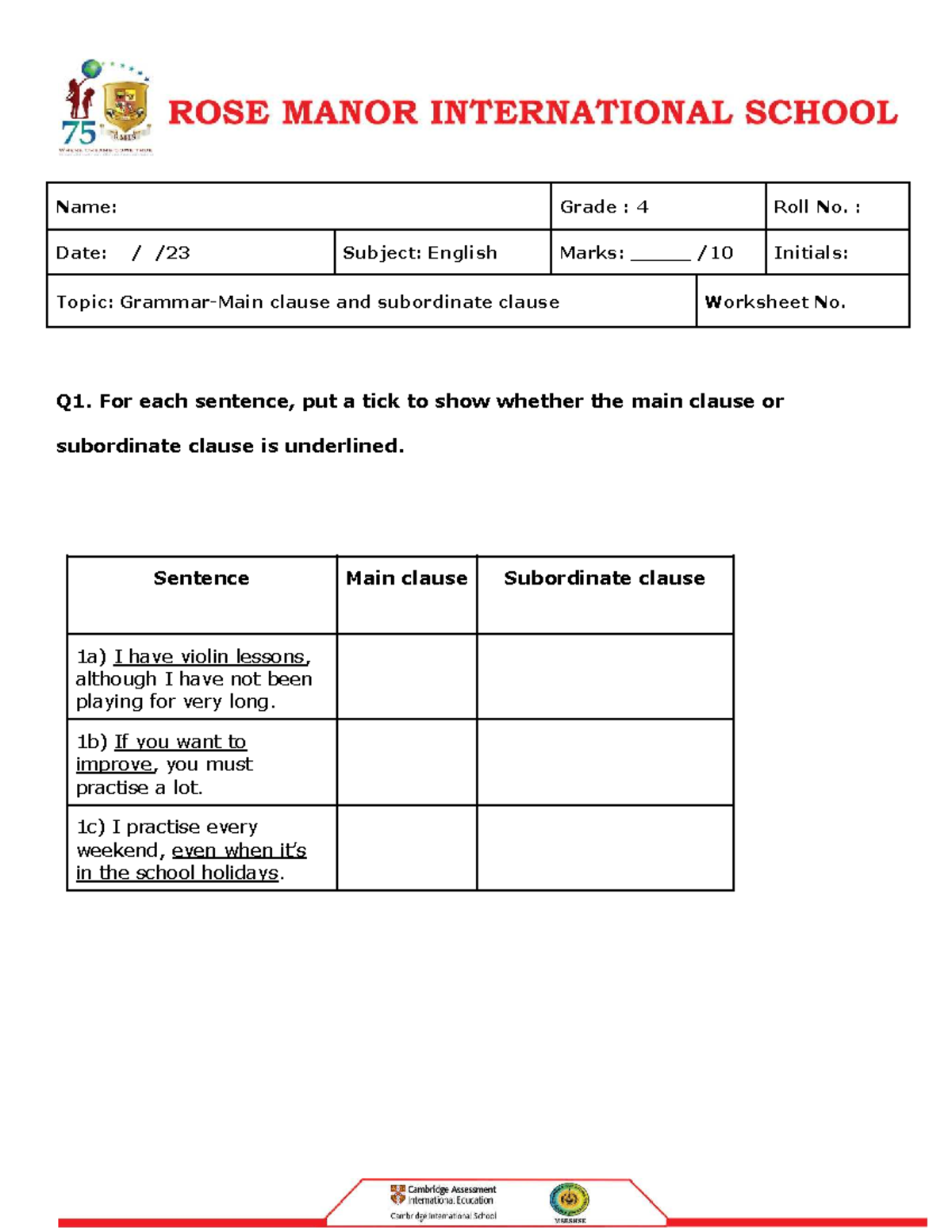 Grammar Worksheet: Main Clause & Subordinate Clause (Grade 4) - Studocu