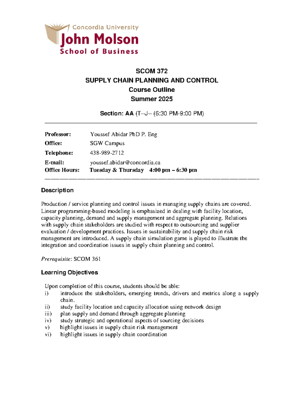 SCOM 372 Course Outline: Supply Chain Planning & Control - Summer 2025 ...