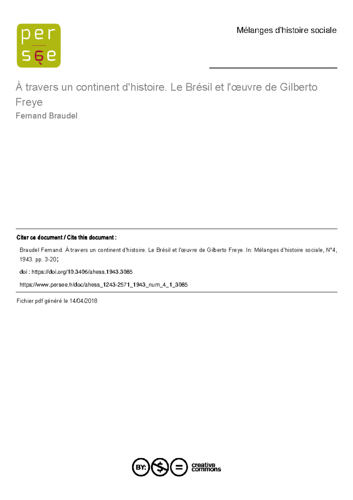 Braudel F. - A Travers un Continent: Histoire de Gilberto Freyre - Studocu