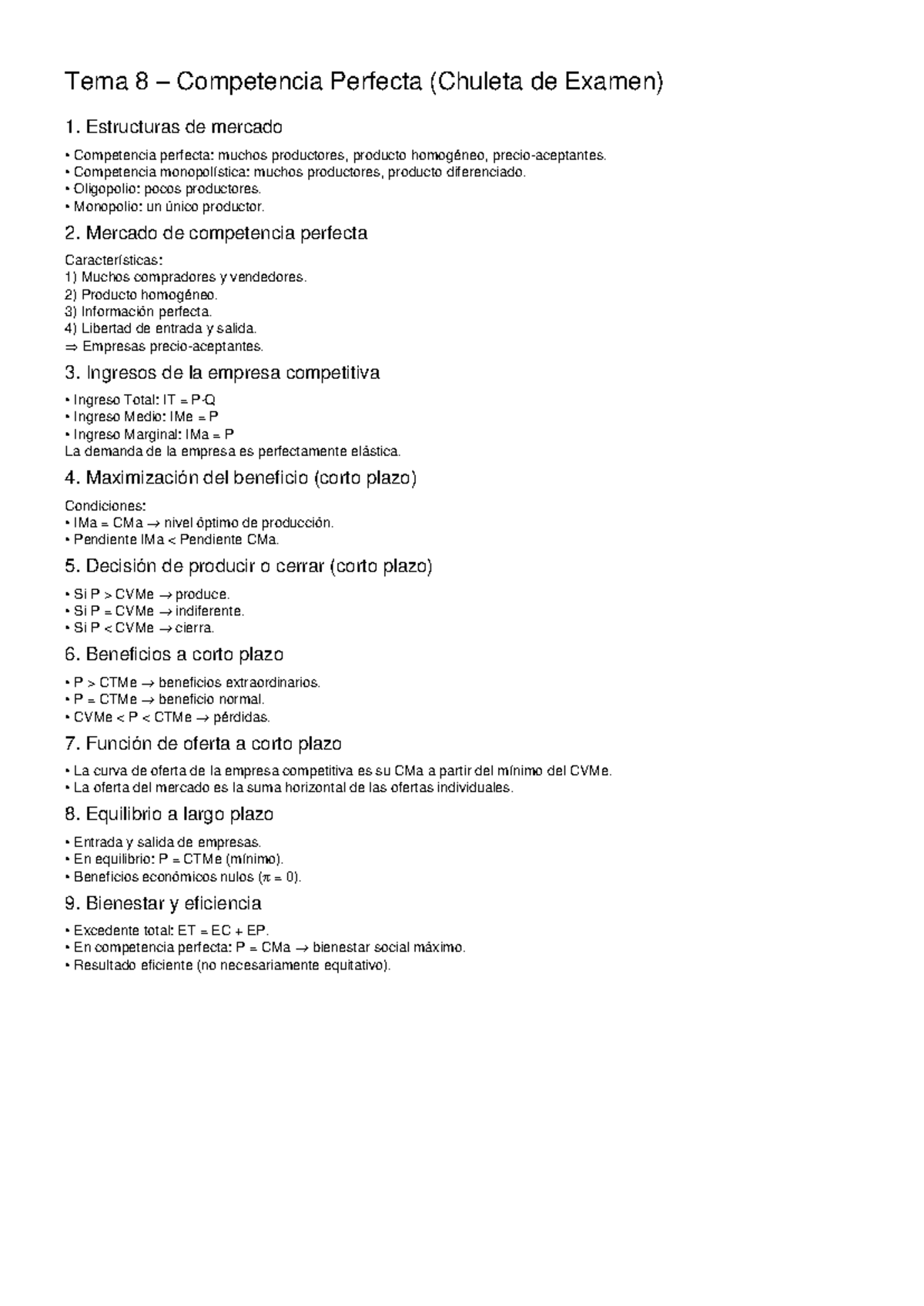 Tema 8: Competencia Perfecta - Chuleta de Examen Microeconomía ES - Studocu
