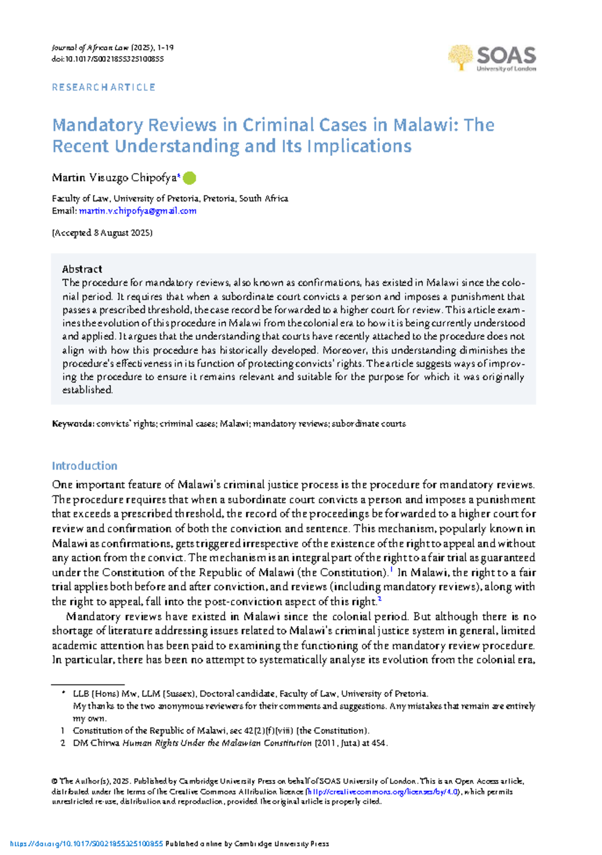 Mandatory Reviews in Criminal Cases in Malawi: Recent Insights and ...