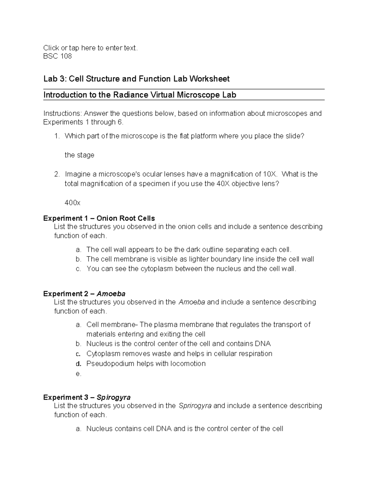 BSC 108 Lab 3: Worksheet on Cell Structure & Function Observations - Studocu