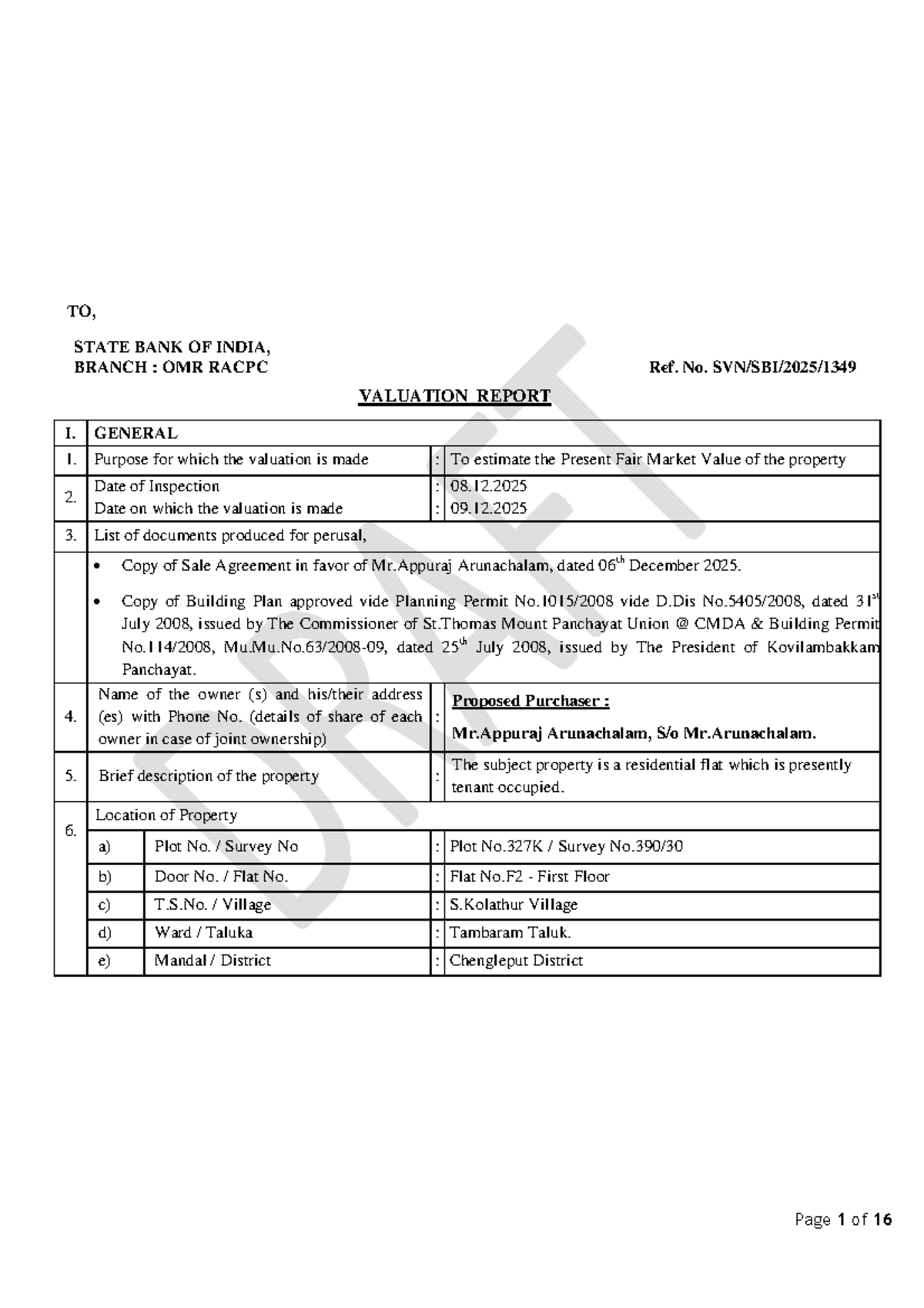 Valuation Report for Flat F2, Plot 327K, SBI OMR RACPC - Studocu