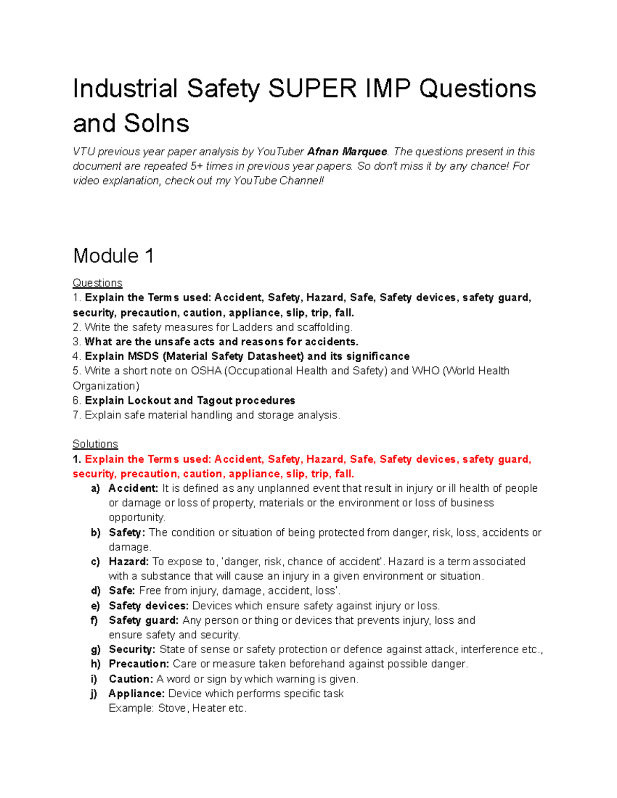 Industrial Safety SUPER IMP: Key Q&A for VTU Exam Preparation - Studocu