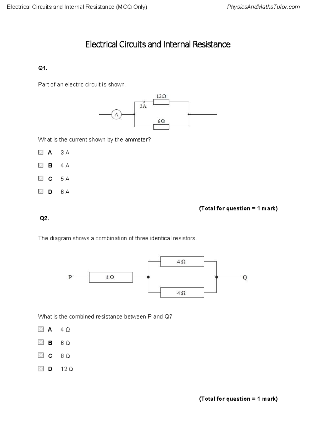 Electrical Circuits & Internal Resistance MCQs (Physics 101) - Studocu