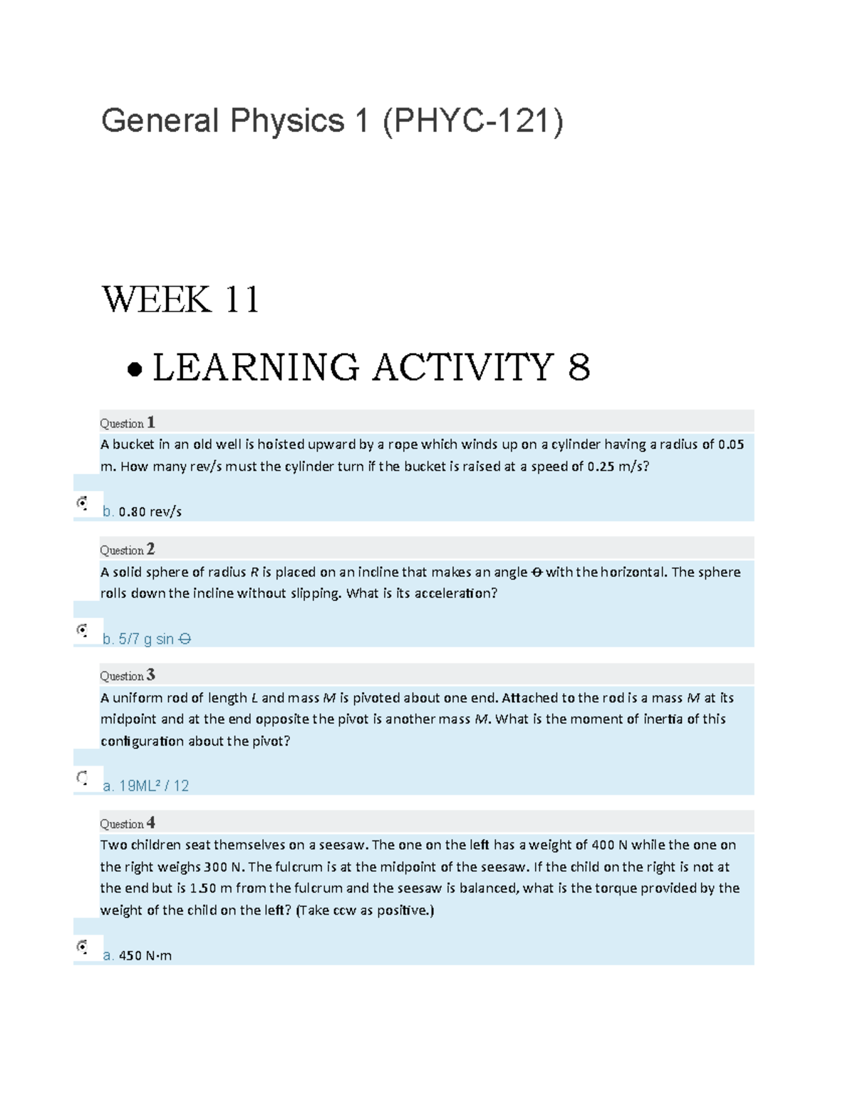 phyc 2121 - week 11-20 - General Physics 1 (PHYC-121) WEEK 11 LEARNING ...
