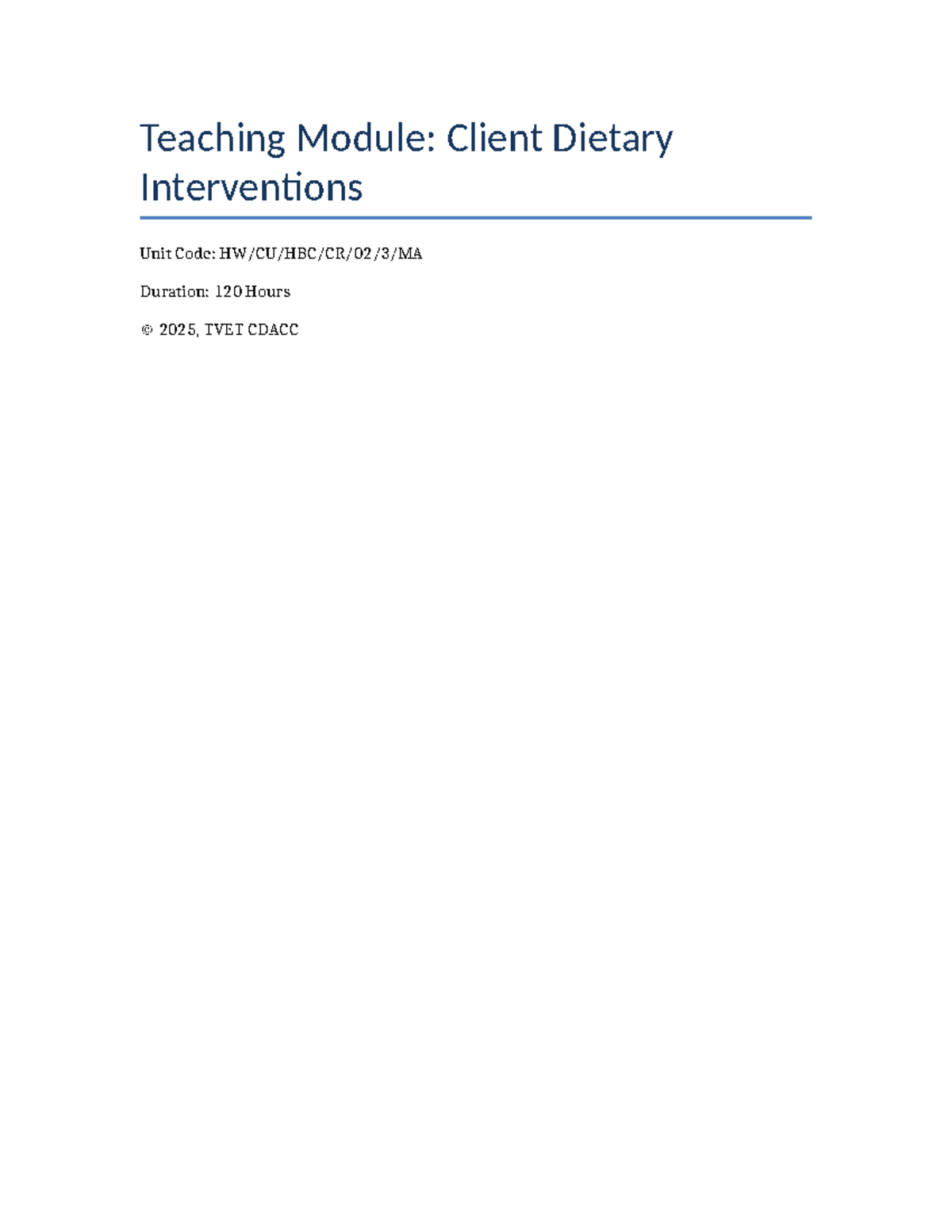 Teaching Module: Client Dietary Interventions (Unit Code: 2025) - Studocu