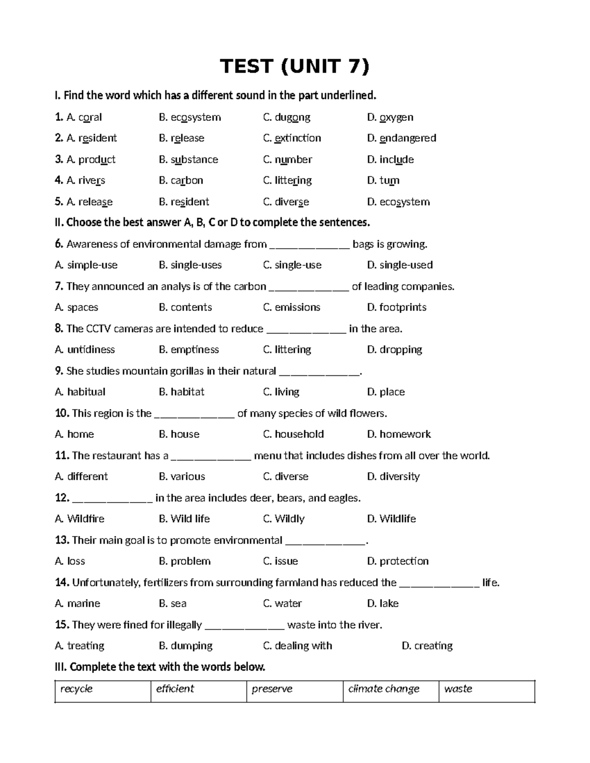 TEST (UNIT 7) - Environmental Awareness and Pollution Solutions - Studocu
