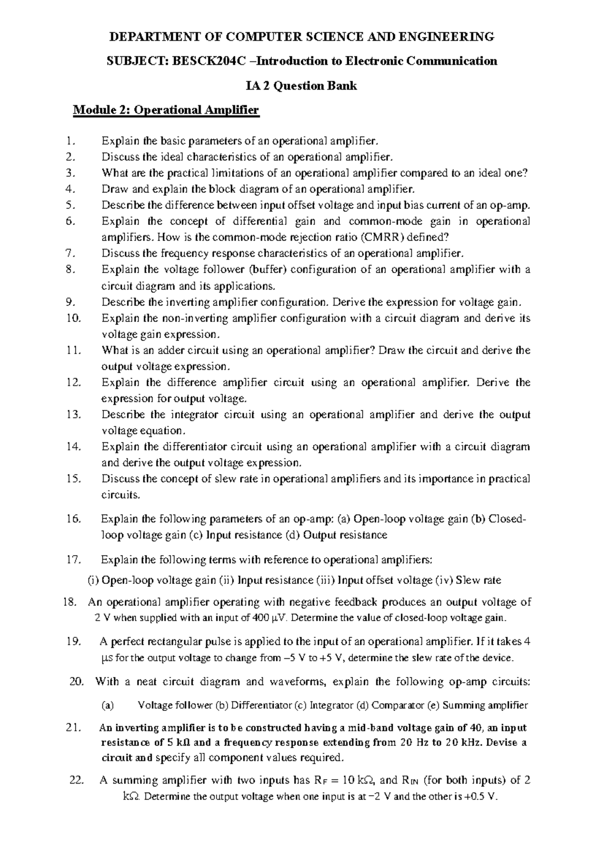 IA 2 Question Bank for BESCK204C: Operational Amplifiers & Logic ...