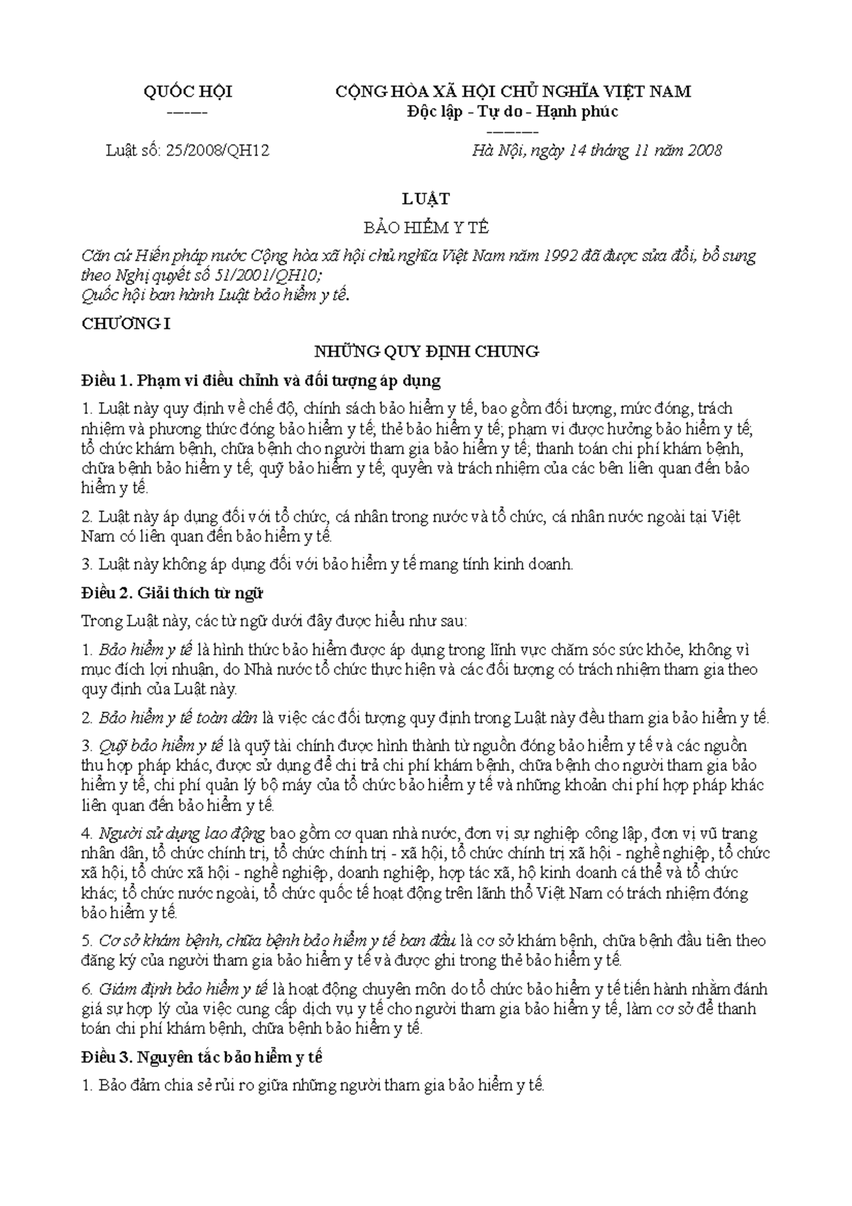 Luat bao hiem y te 2008 - LUẬT BẢO HIỂM Y TẾ 2008 - QUỐC HỘI - CỘNG HÒA XÃ HỘI CHỦ NGHĨA VIỆT ...
