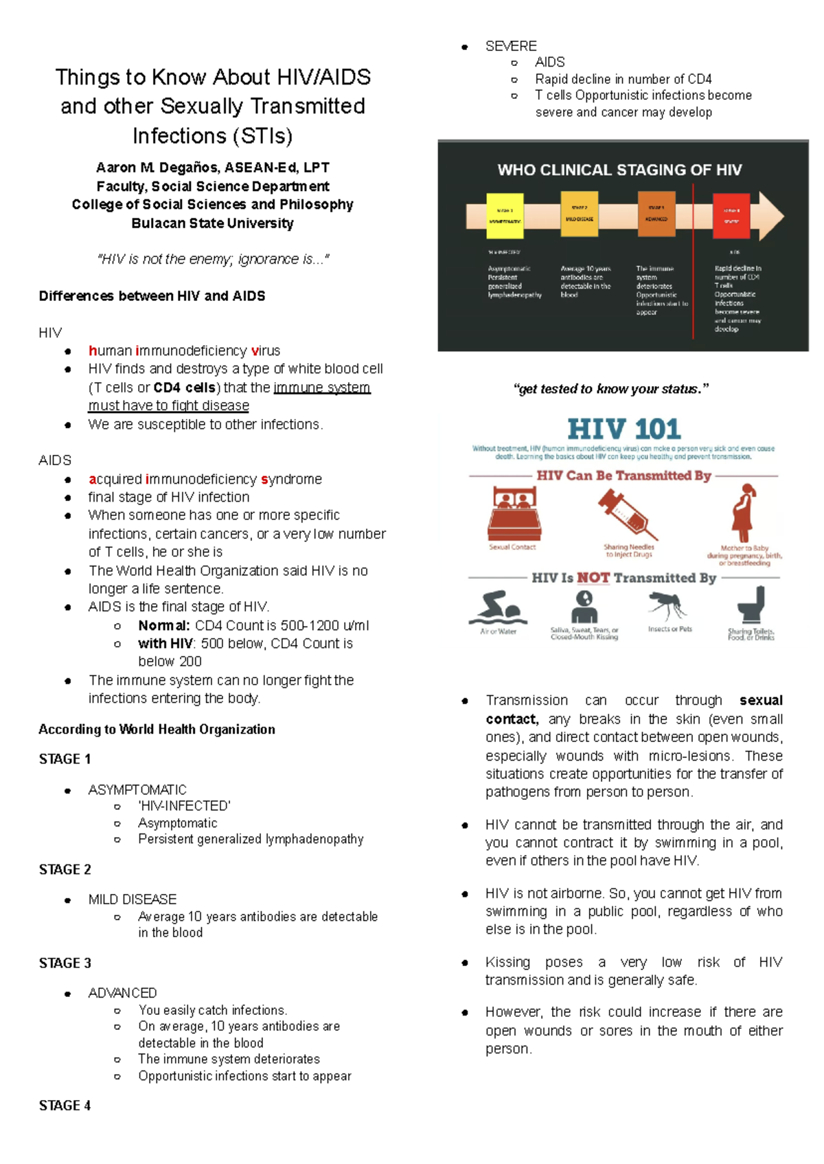HIV/AIDS & STIs Awareness: Key Facts and Education Notes - Studocu