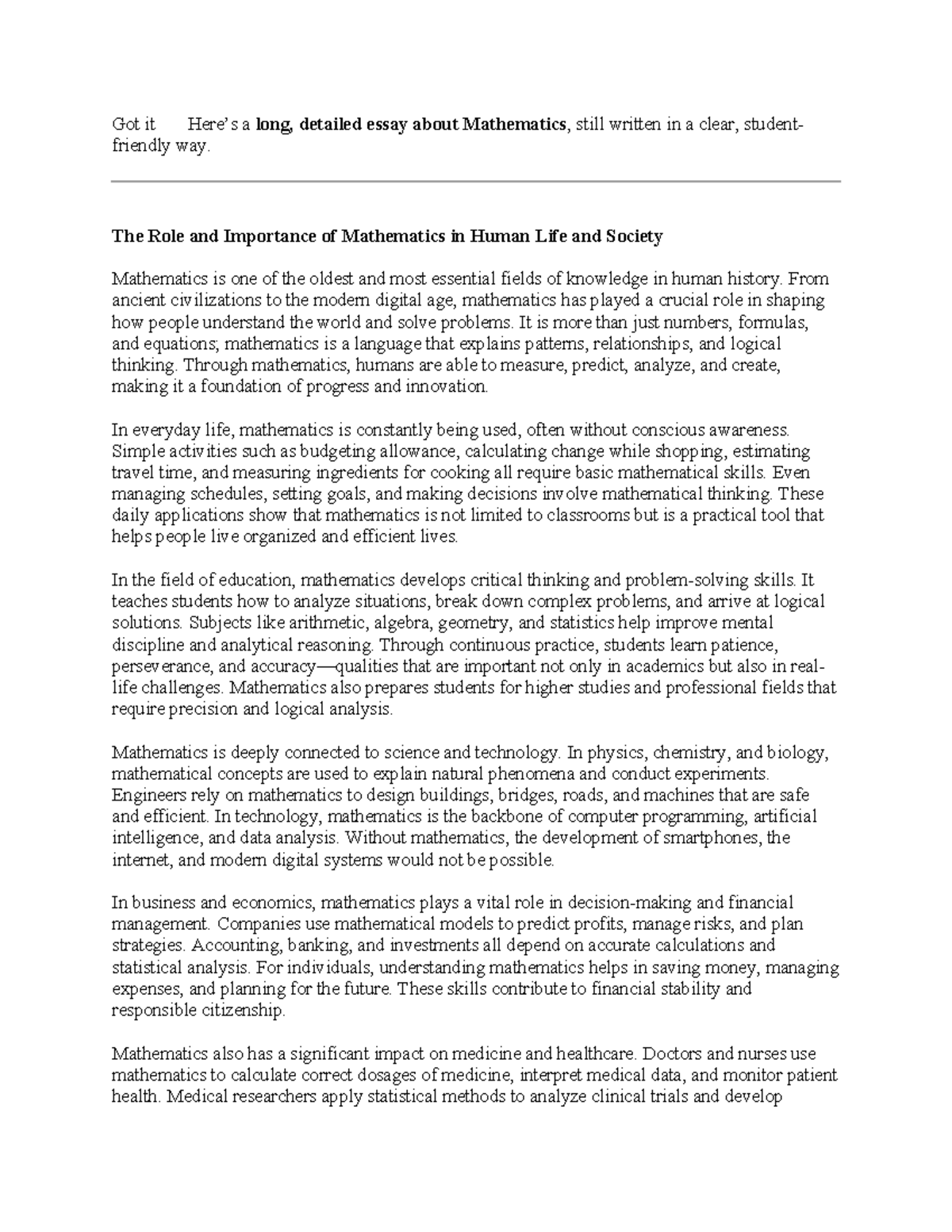 Mathematics in Human Life: The Essential Role and Impact - Essay - Studocu