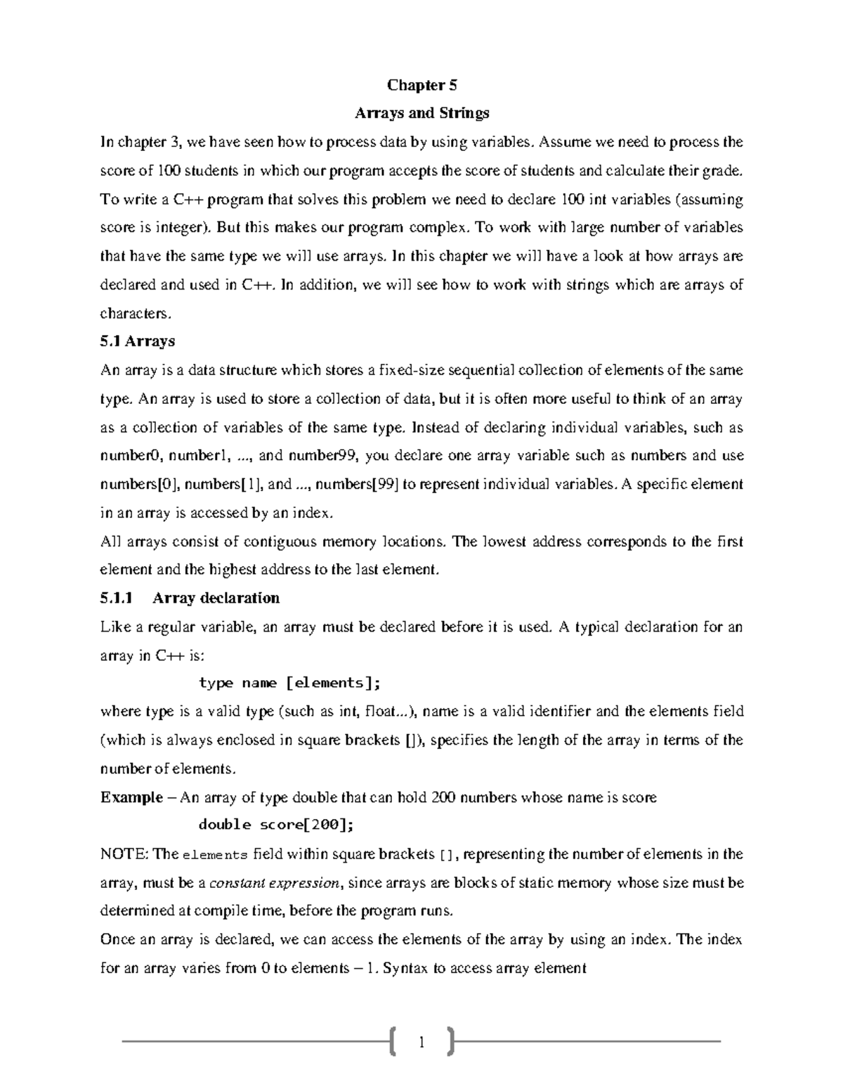 C++ Programming - Chapter 5: Arrays & Strings Overview (CS101) - Studocu