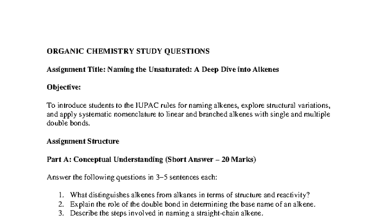 Organic Chemistry (CHEM 101) Assignment: Naming Alkenes Deep Dive - Studocu