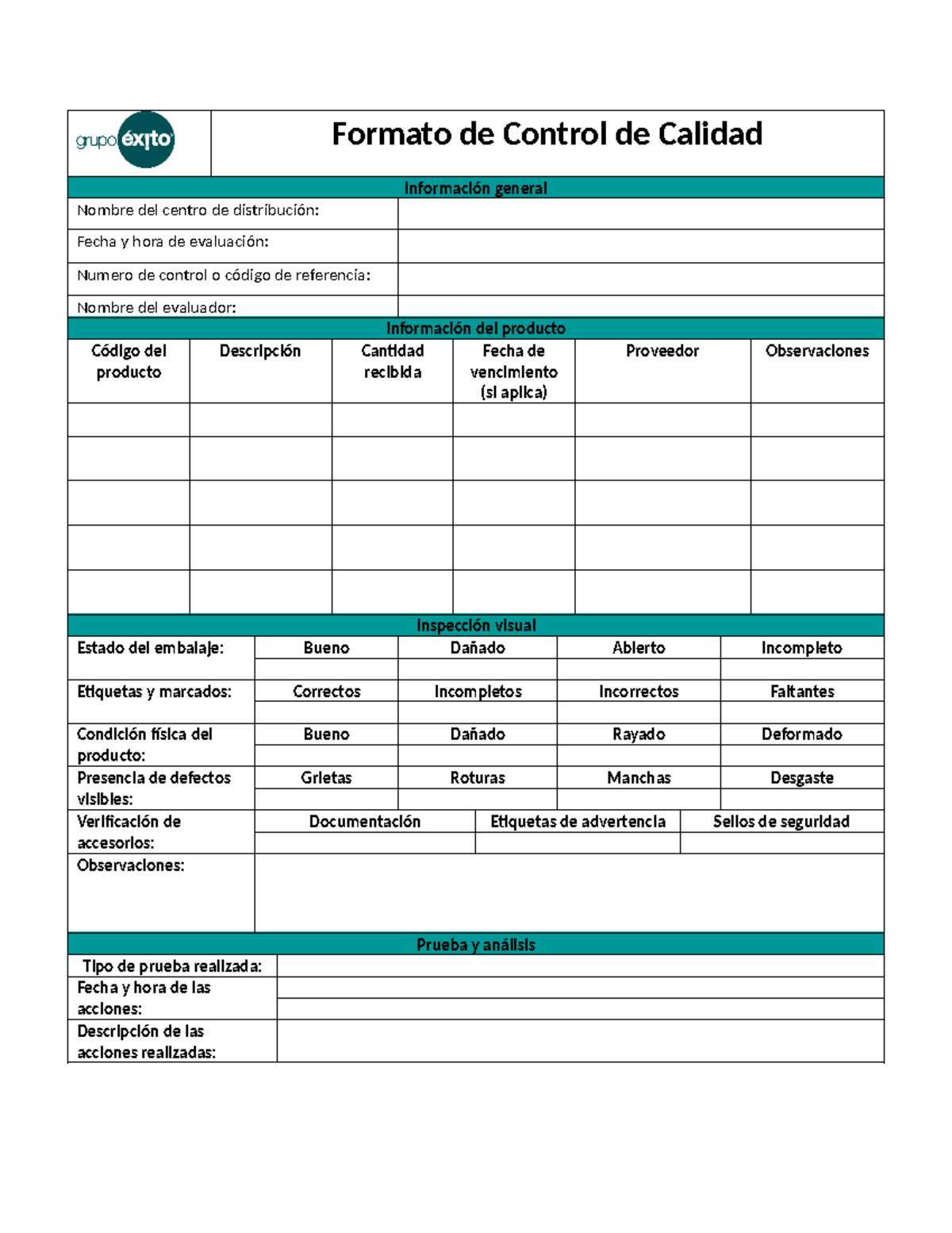 Formato de Control de Calidad para Evaluaciones de Productos - Studocu