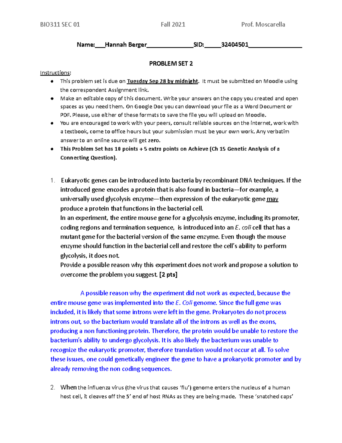 BIO311 SEC 01 Problem Set 2: Genetic Analysis & RNA Interventions - Studocu