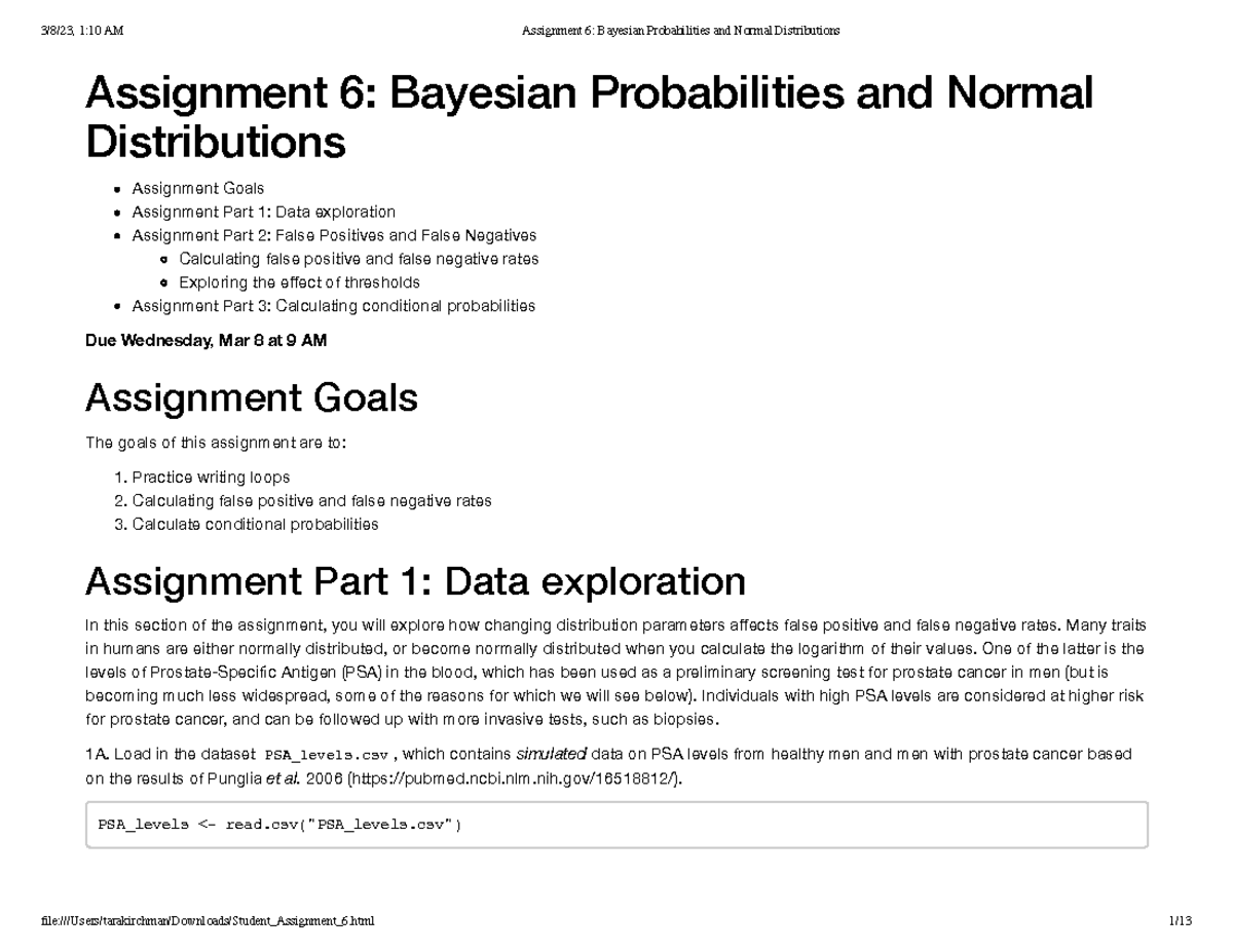 Assignment 6 Bayesian Probabilities and Normal Distributions - Assignment 6: Bayesian ...