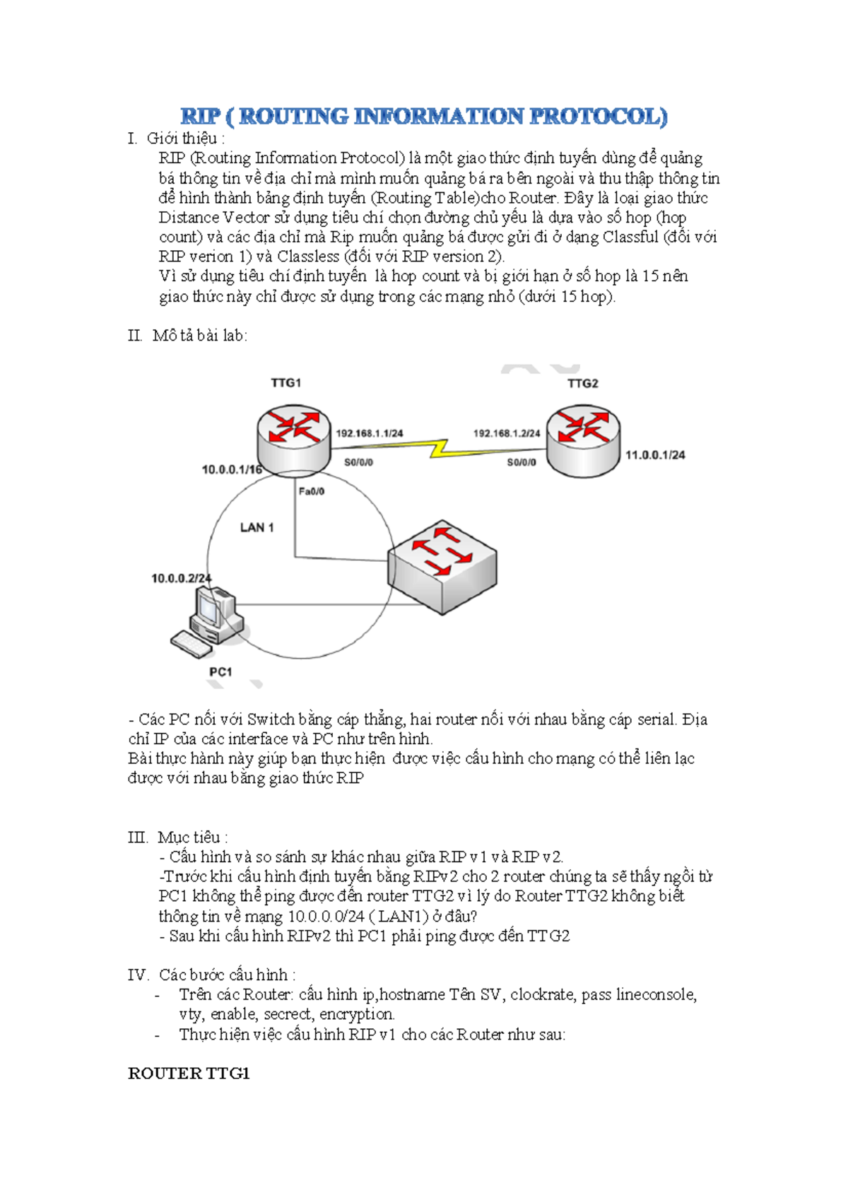 LAB 4 - CAU HINH RIP v1 va RIP v2 - I. Giới thiệu : - Studocu
