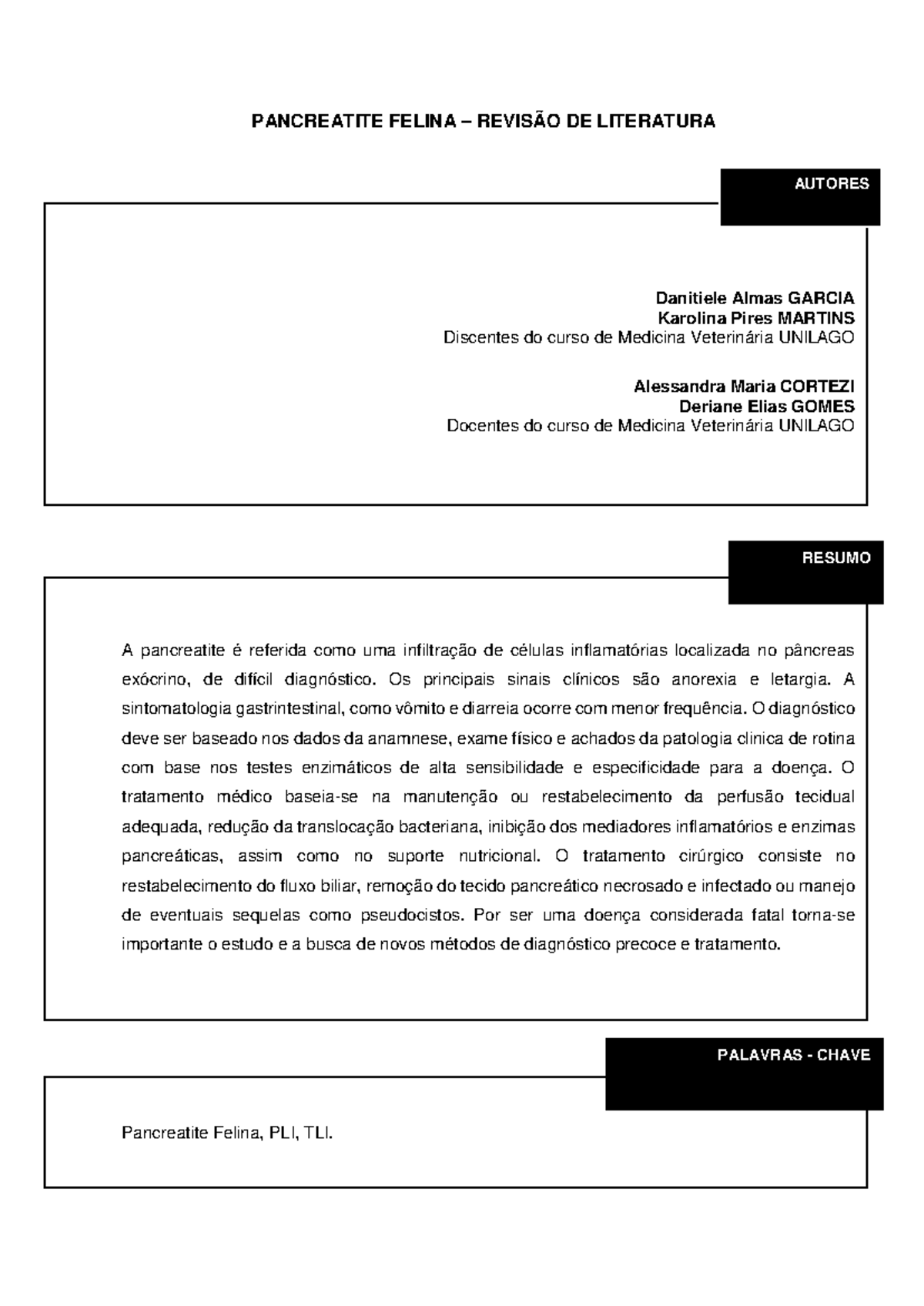 PANCREATITE FELINA: REVISÃO DE LITERATURA E DIAGNÓSTICO - Studocu