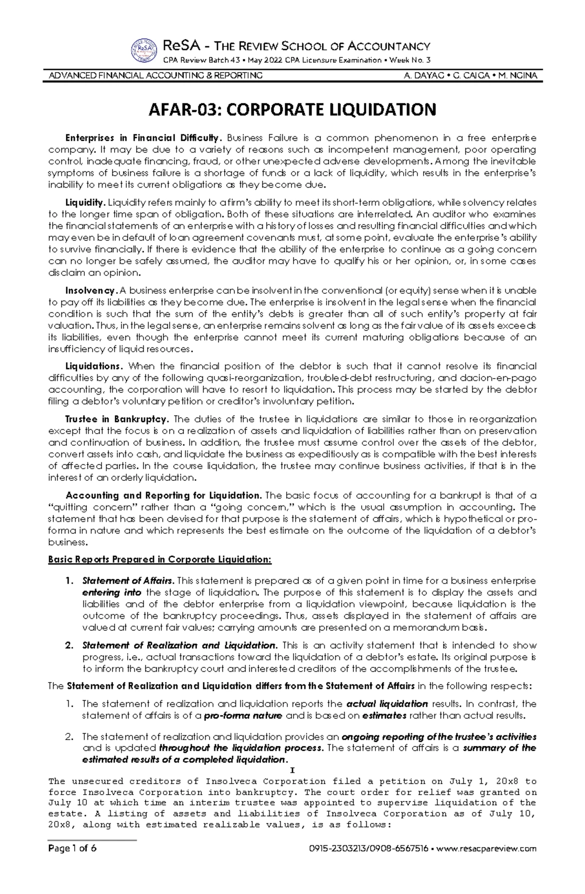 AFAR-03 (Corporate Liquidation)-1 - ReSA - THE REVIEW SCHOOL OF ACCOUNTANCY CPA Review Batch 4 3 ...