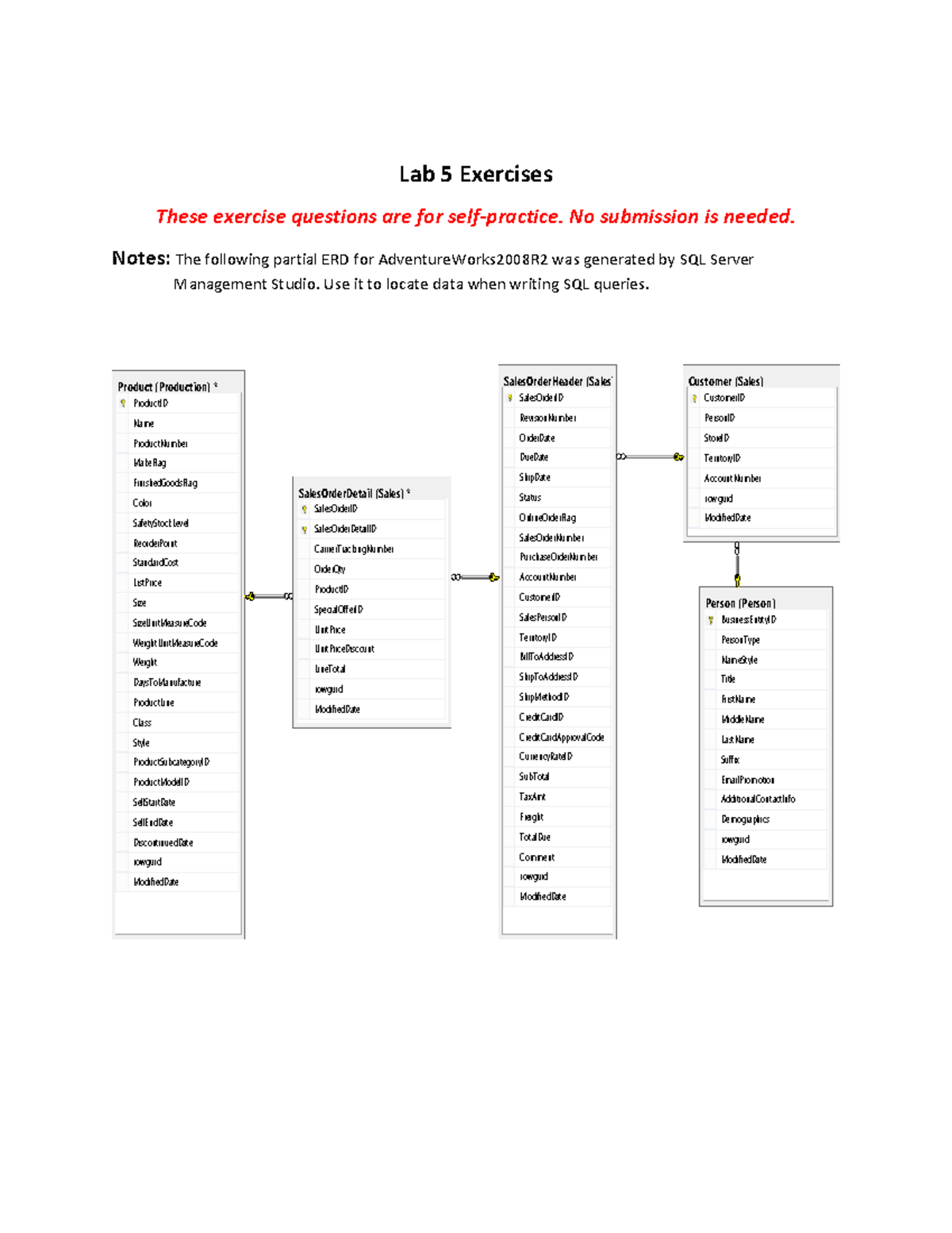 Lab 5 Self-Practice Exercises - SQL Server AdventureWorks2008R2 - Studocu