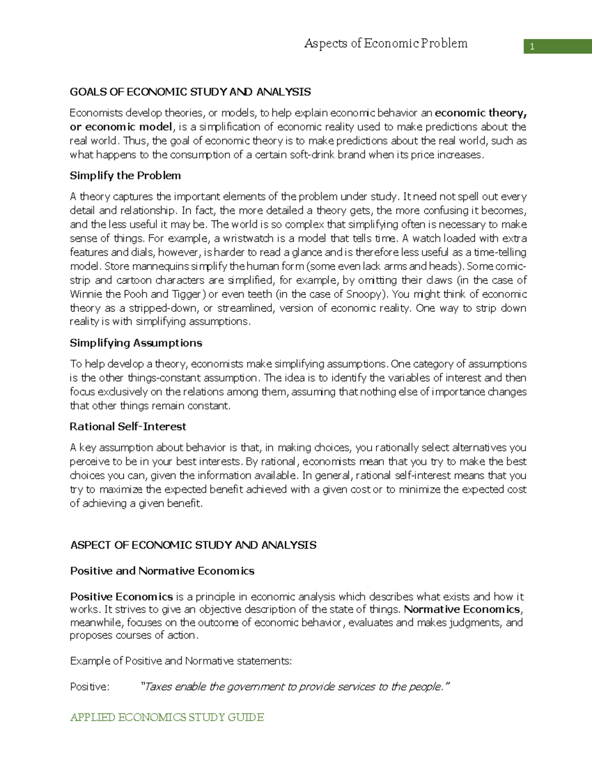 Lesson 2 Applied Economics - 1 GOALS OF ECONOMIC STUDY AND ANALYSIS ...