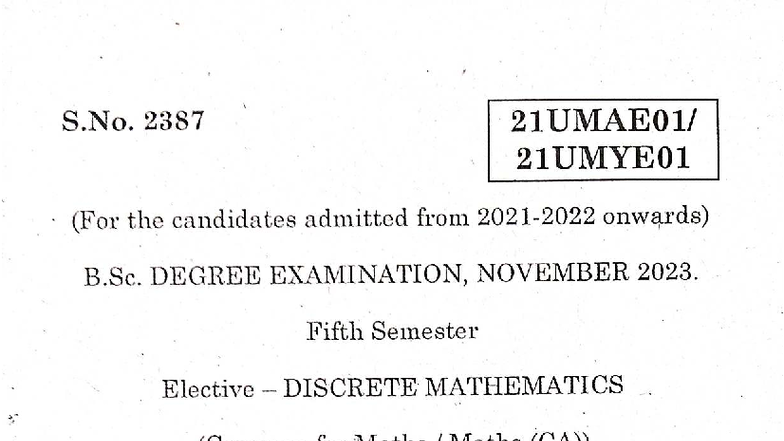 Discrete Mathematics 21UMYE01 - November 2023 Exam Question Paper - Studocu