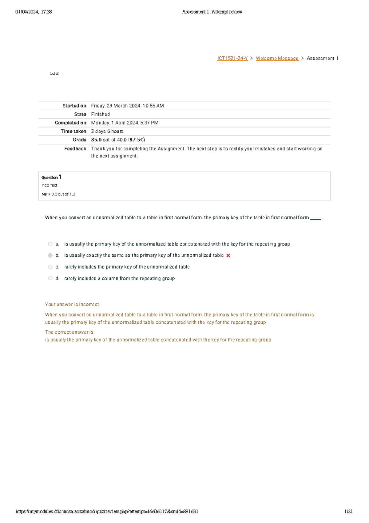 ICT 1521 Assessment 1: Attempt Review and Feedback - Studocu