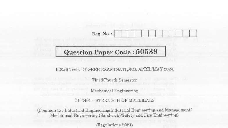 Strength of Materials CE 3491 Question Paper - Degree Exams 2024 - Studocu