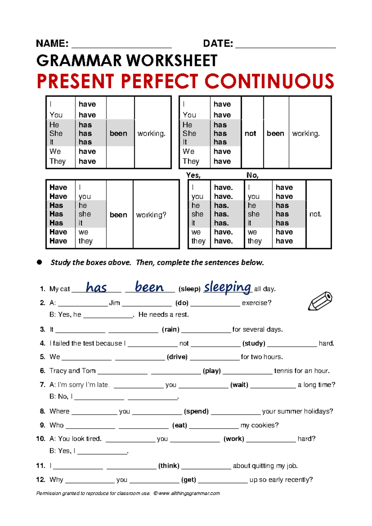 Atg Worksheet: Present Perfect Continuous Tense Exercises - Studocu