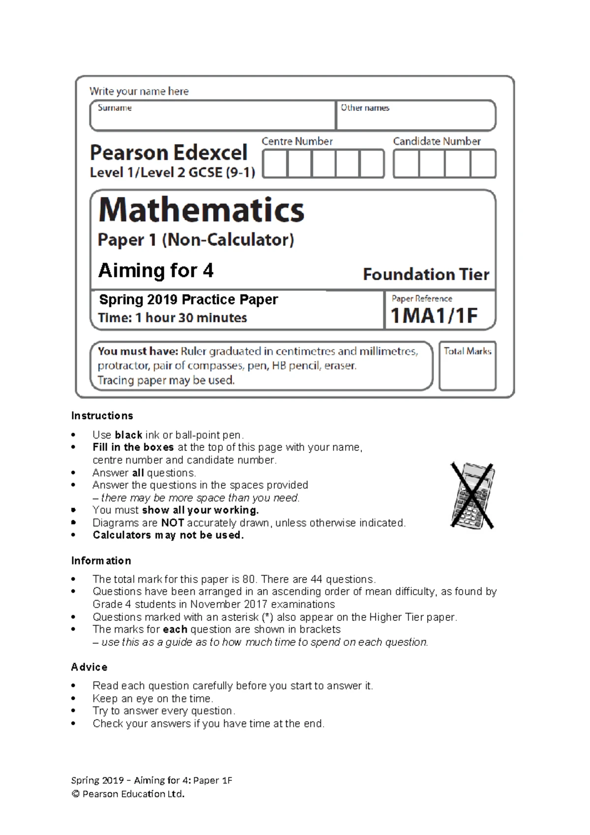 Edexcel GCSE Maths Foundation Paper 1 - Non-Calculator Exam Guide - Studocu