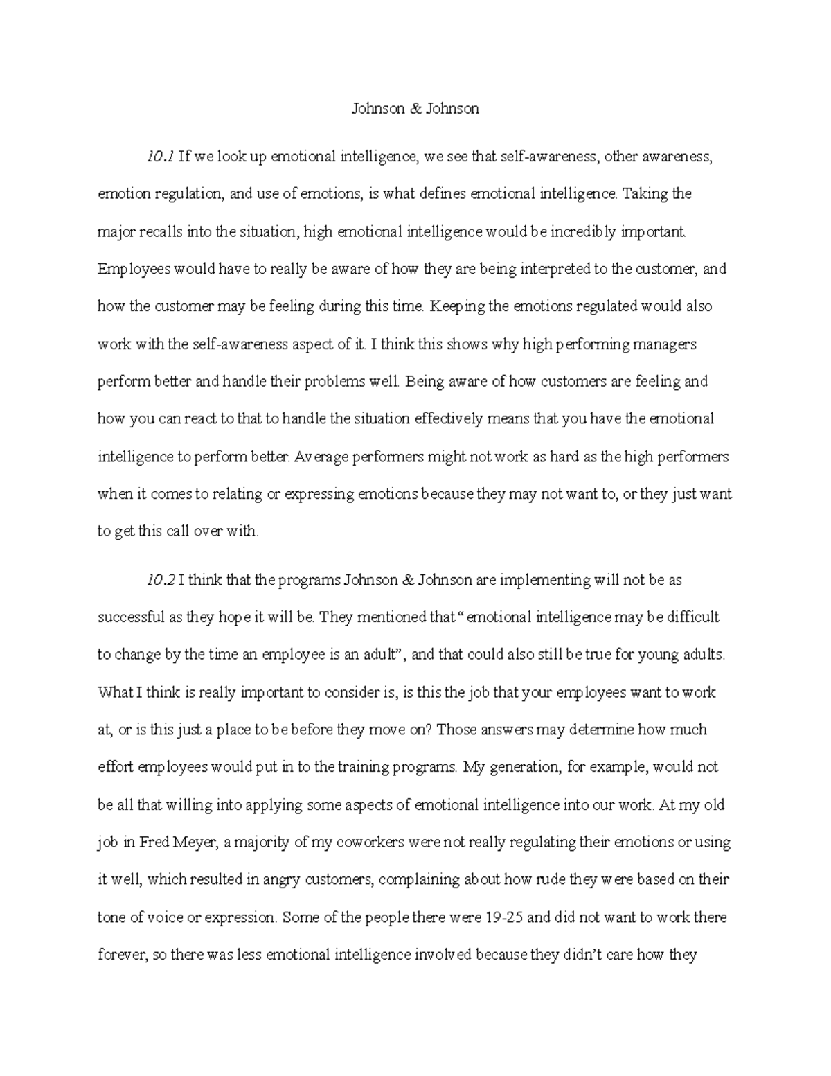 Johnson and Johnson Paper - Johnson Johnson 10 If we look up emotional ...