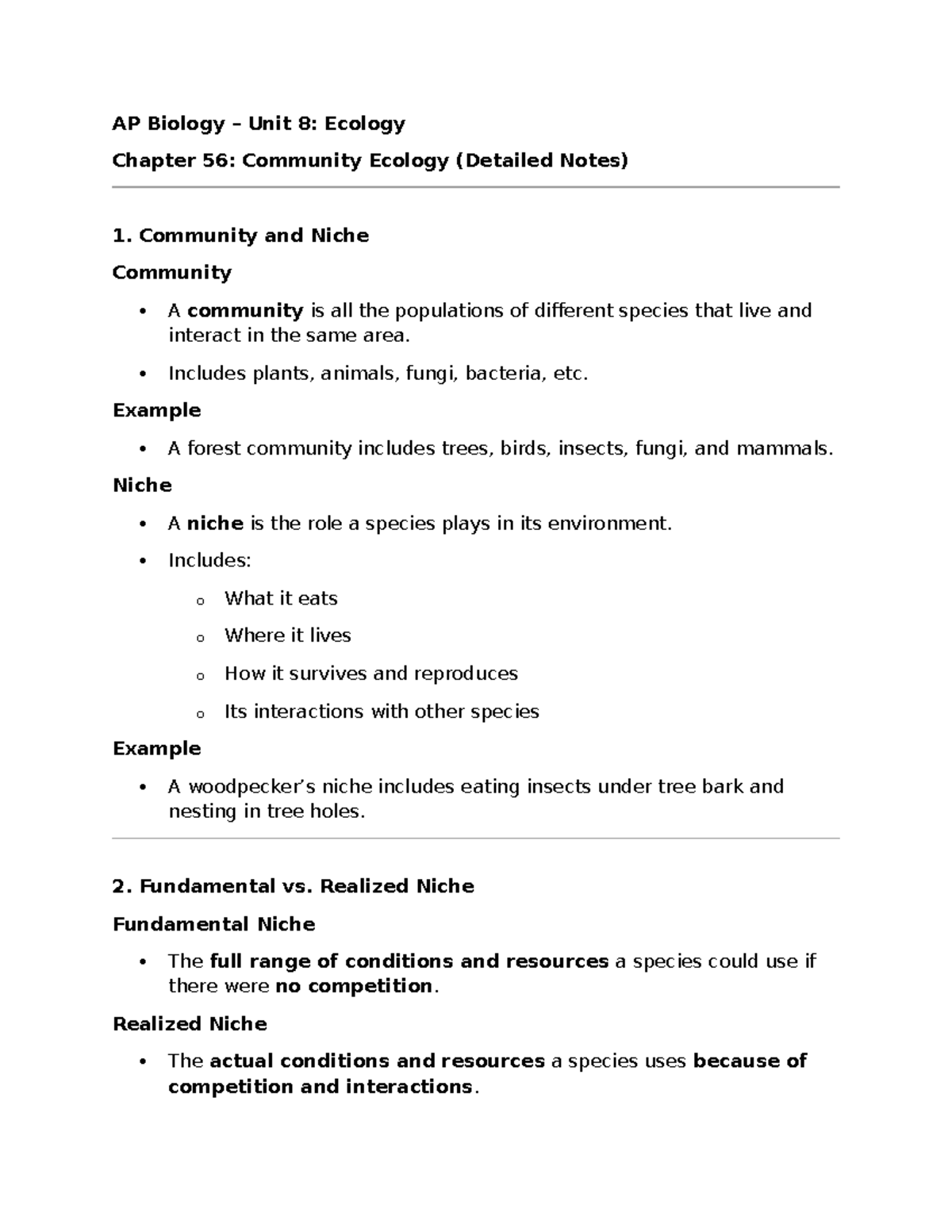 AP Biology Unit 8: Ecology Chapter 56 - Community Ecology Notes - Studocu