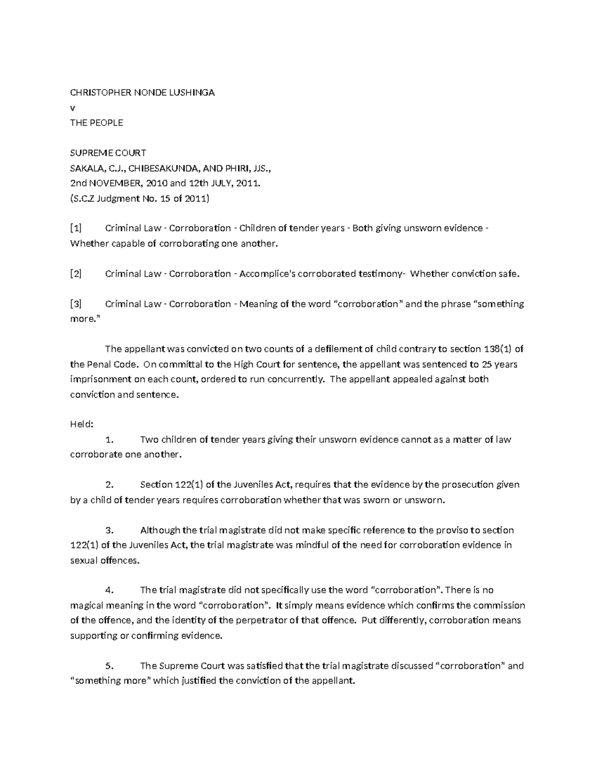 Lushinga v The People: Supreme Court Judgment on Defilement (SCZ 15/ ...