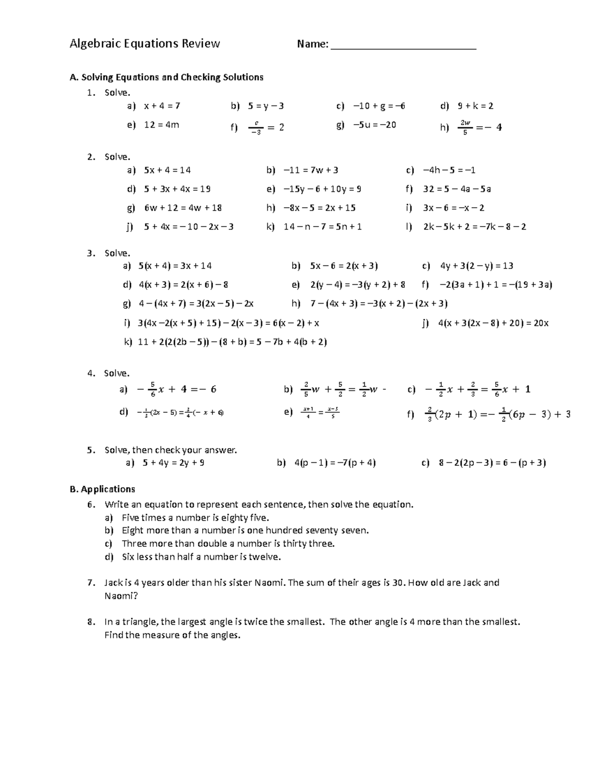 Solving Review - Practice worksheet - Algebraic Equations Review Name