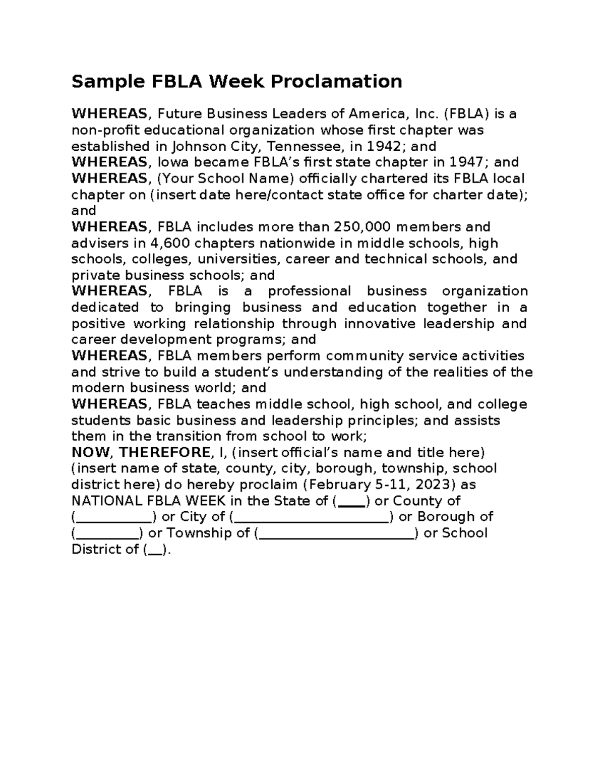 Sample FBLA Week Proclamation for February 2023 - Studocu
