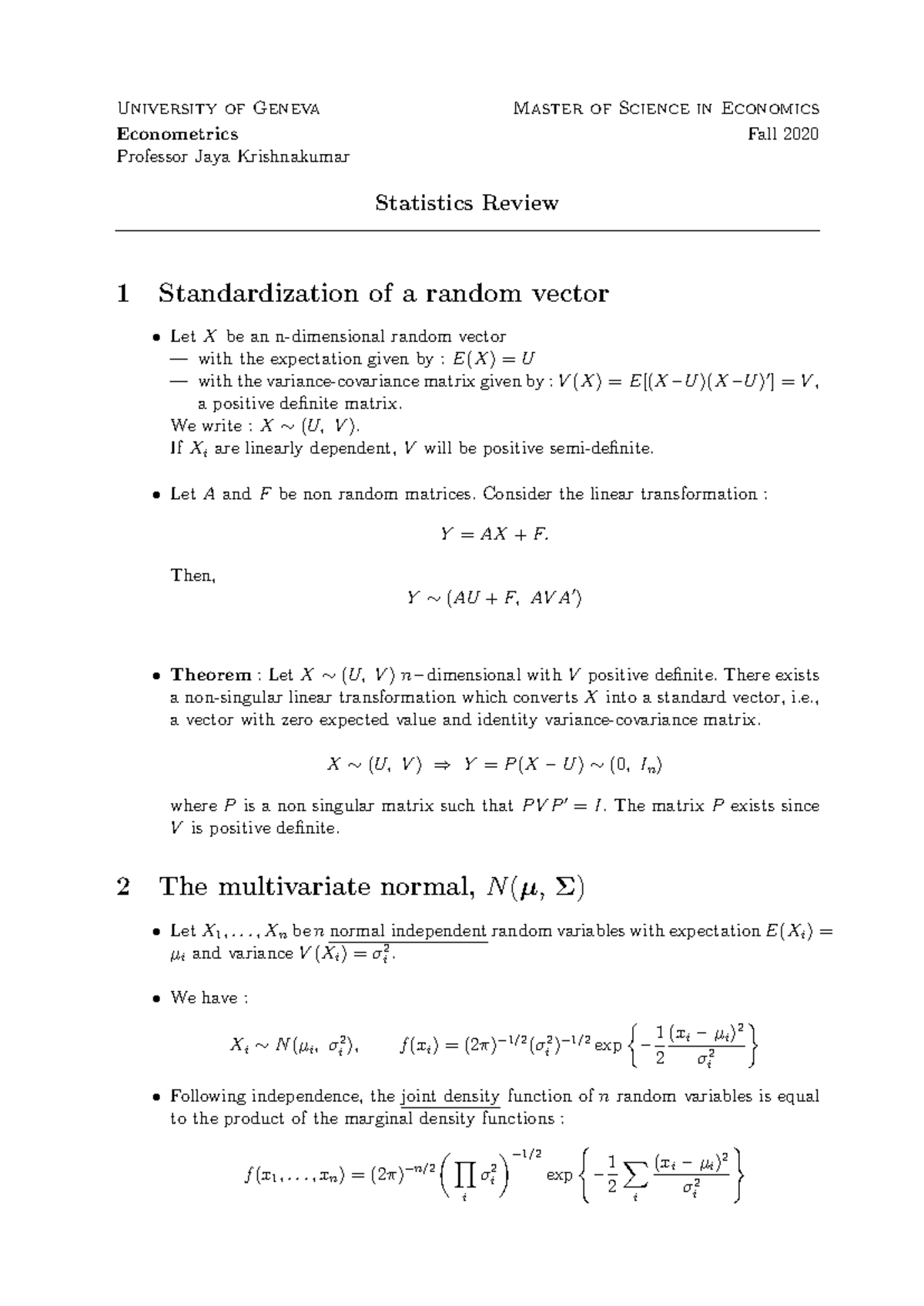 Statistics Review Lecture Notes 4 Econometrics And Statistics