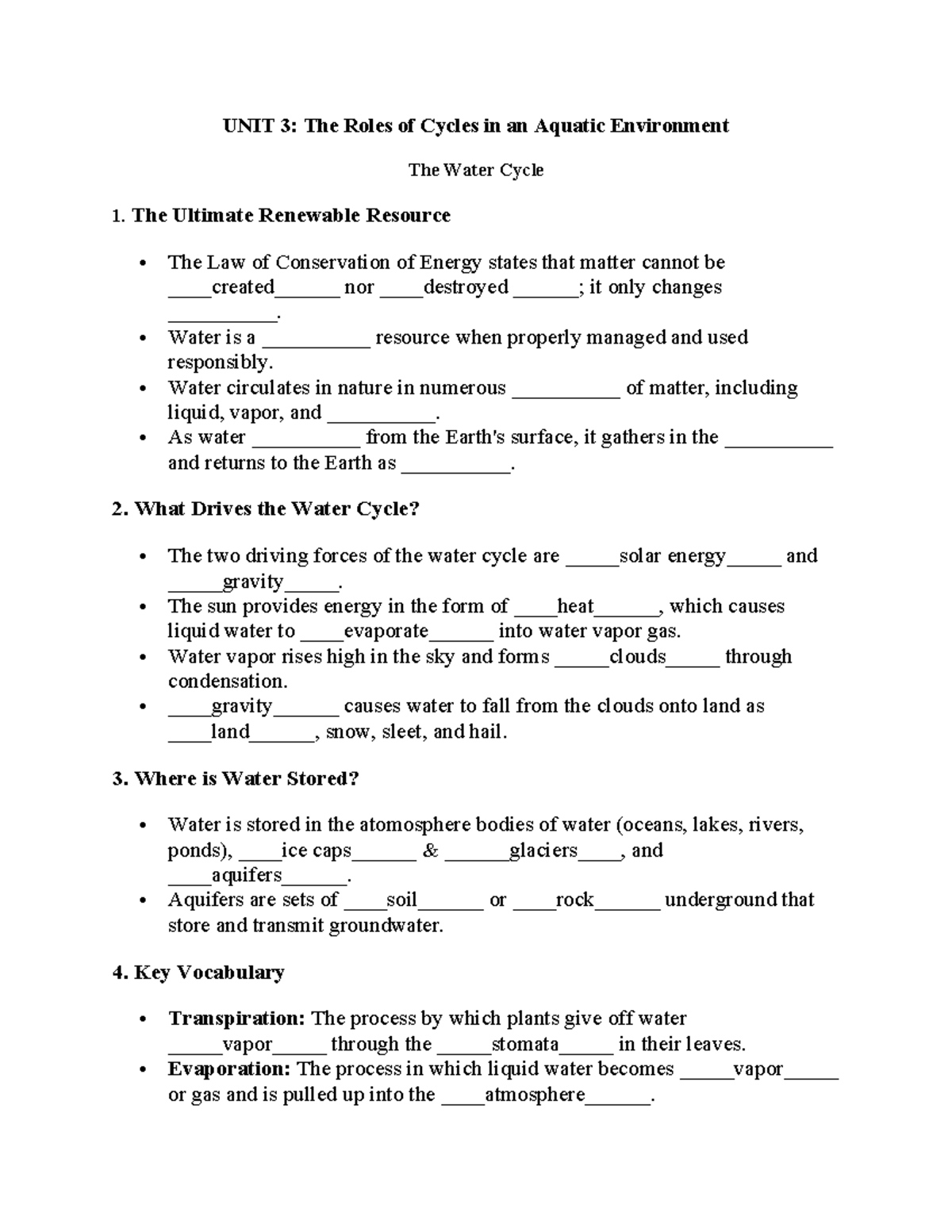 Unit 3 - Water Cycle: Key Concepts and Vocabulary Notes - Studocu