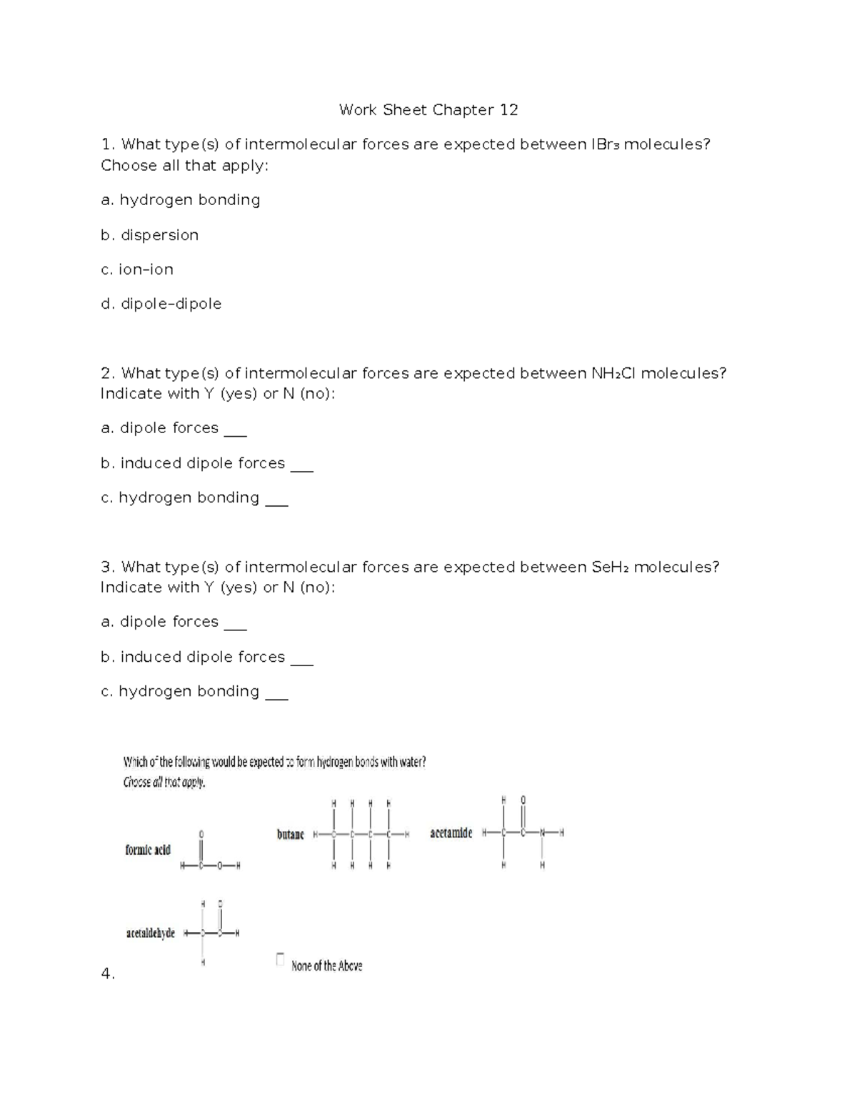 Chapter 12 Worksheet: Intermolecular Forces & Boiling Points - Studocu