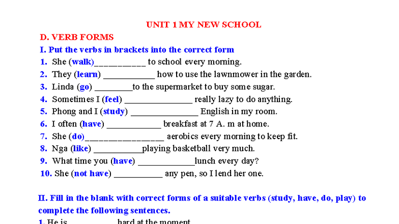 5. VERB FORM (UNIT 1-6) - English 6 & 7 Verb Forms Practice - Studocu