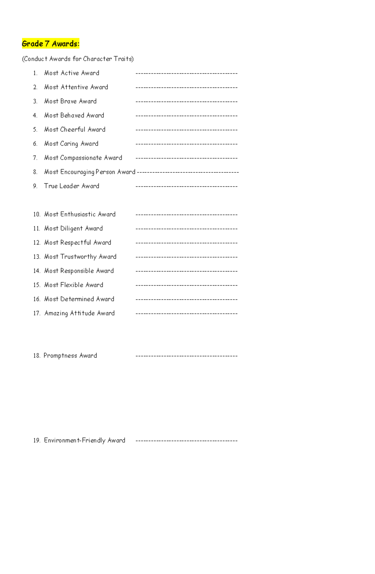 Grade 7 Awards: Conduct Awards for Character Traits - Studocu