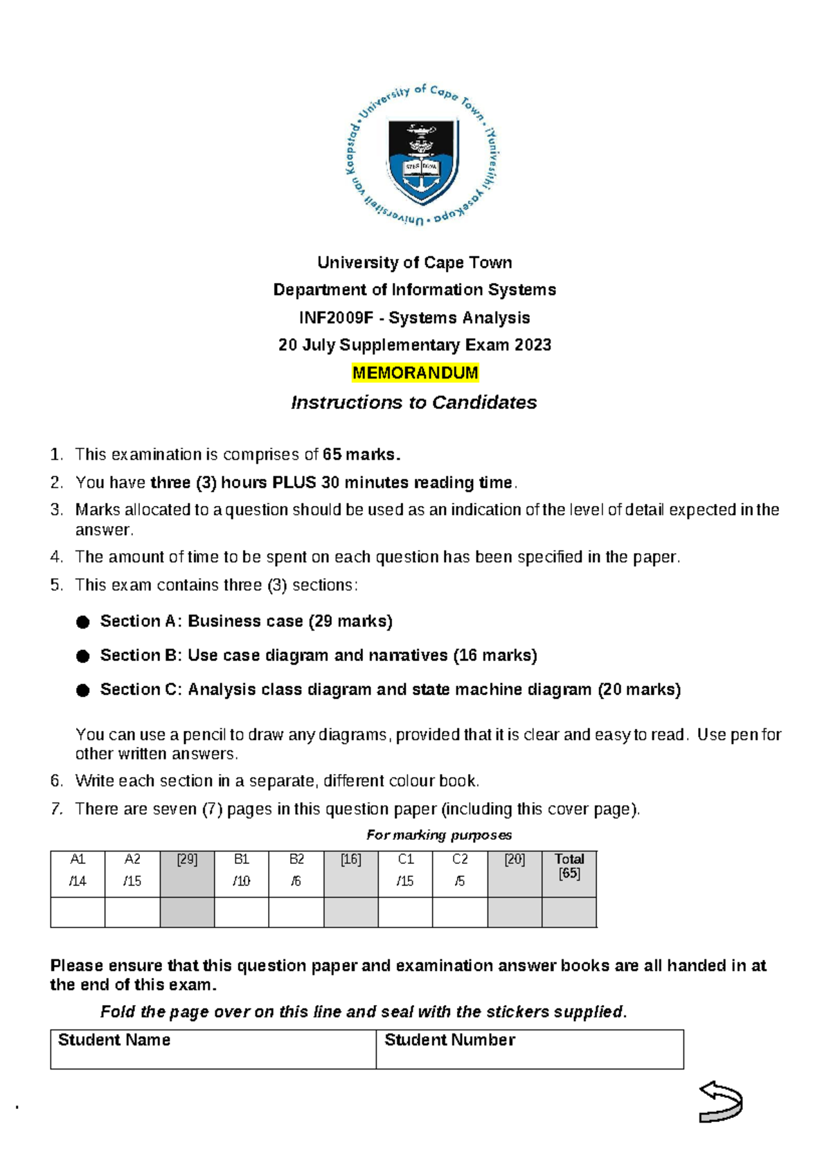 INF2009F Systems Analysis Supplementary Exam Memo - July 2023 - Studocu