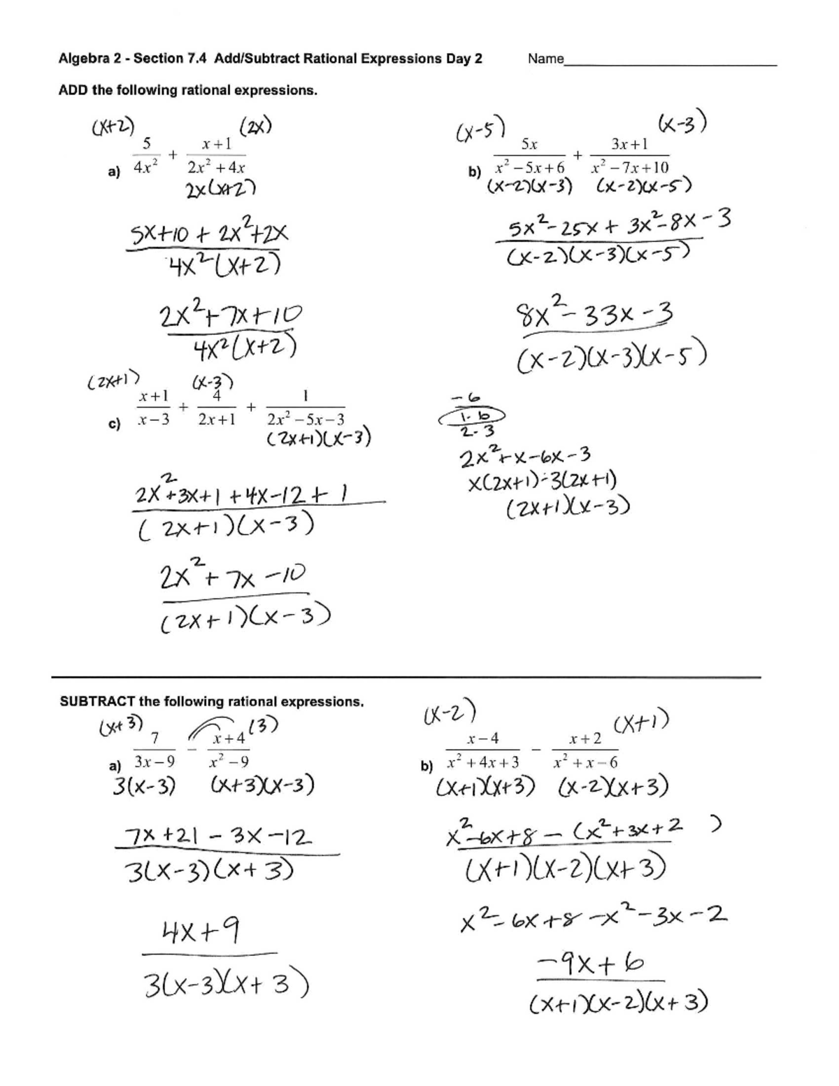 5b. Notes Add and Subtract Rational Expressions 7.4 Completed - Algebra ...