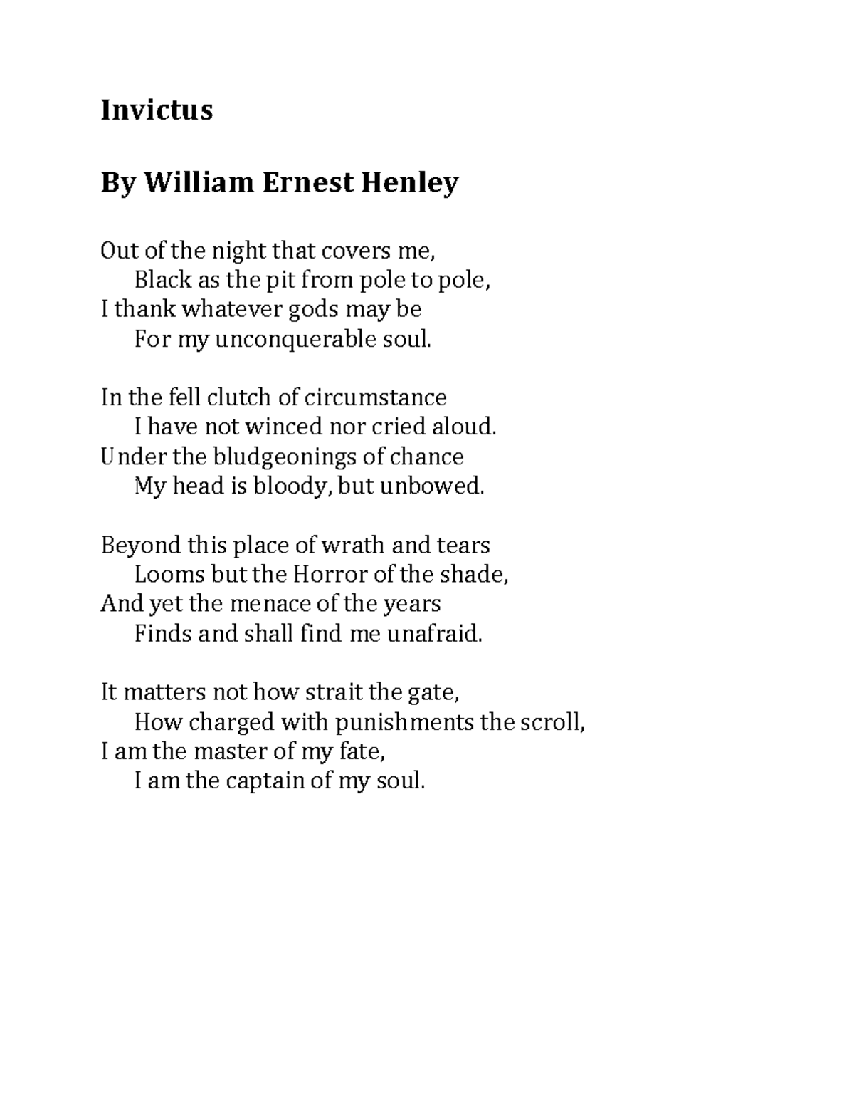 Invictus theme englishb - Invictus By William Ernest Henley Out of the ...