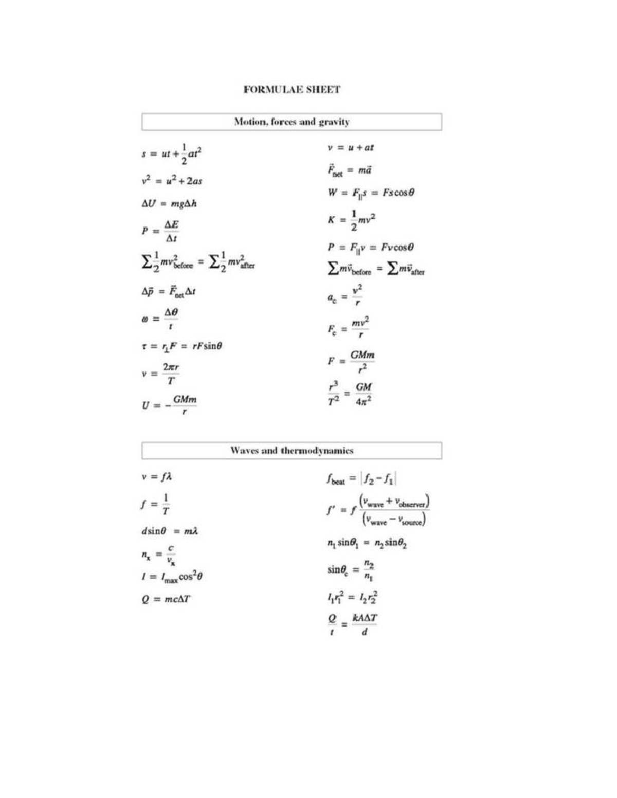 Formula sheet - Google Docs - PHY1321 - FORMULAE SHEET Motion, forces and gravity F net ma W F F ...